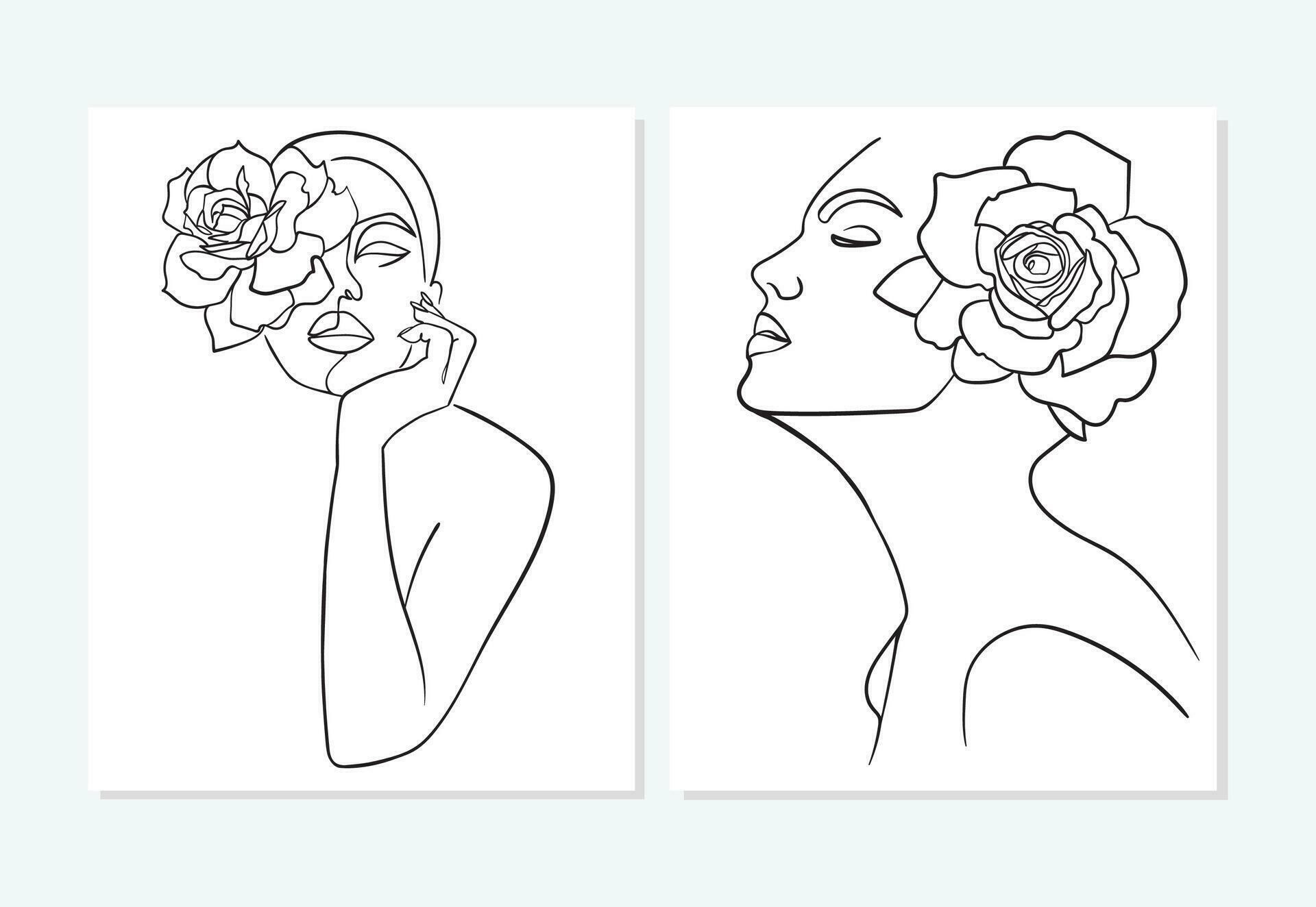 Set Of Portraits Face With Flower Simple Minimalist Vector
