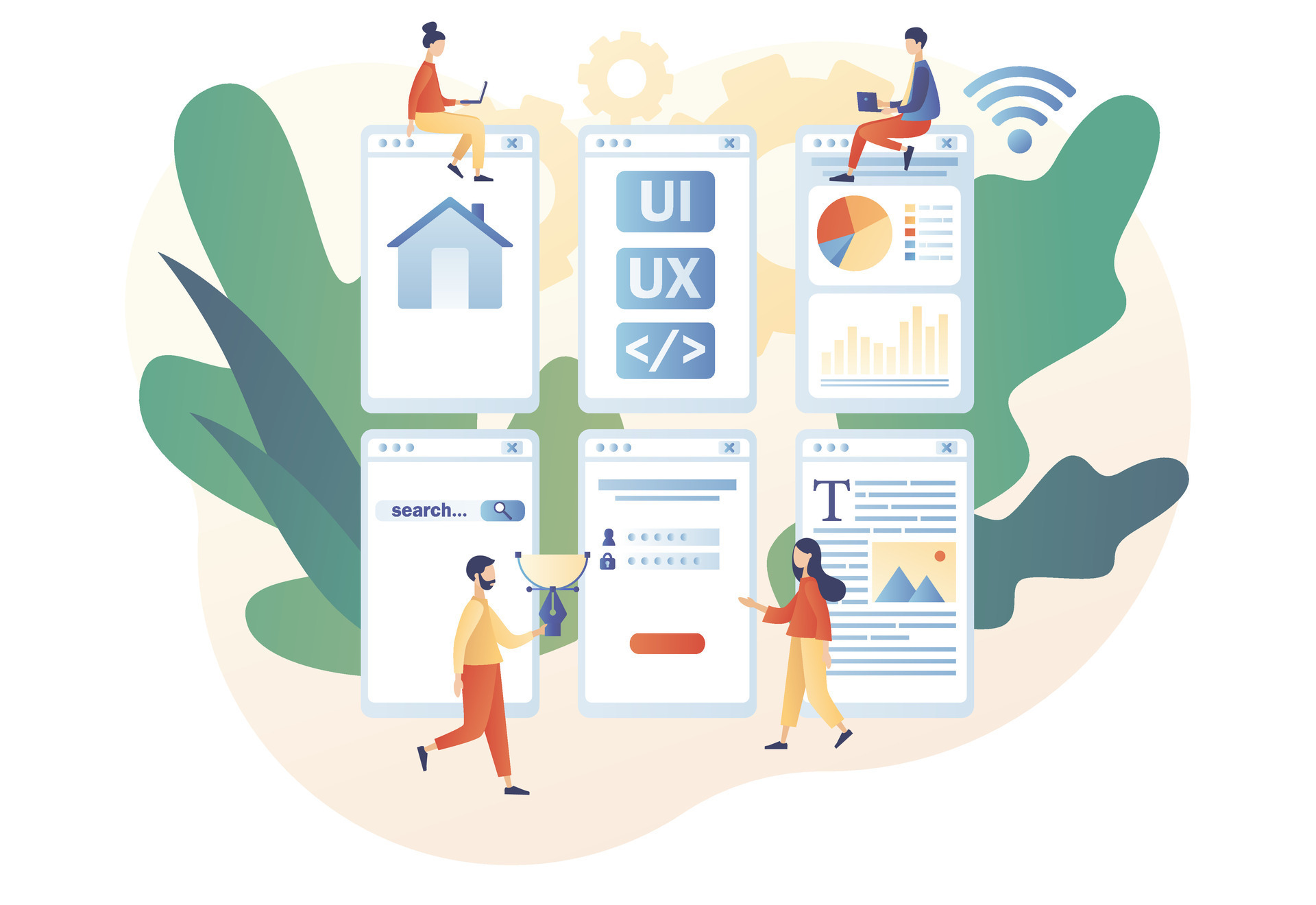 Web UI-UX design pages. Mobile app development, application design, coding, web building concept ...