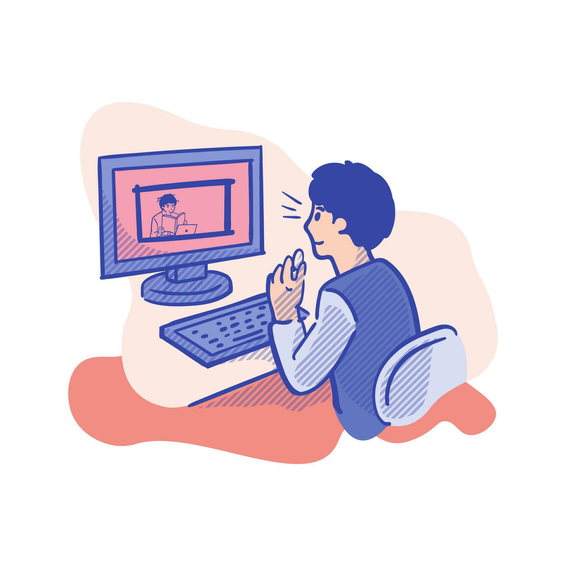 Man sitting in front of computer and working. Vector illustration in ...
