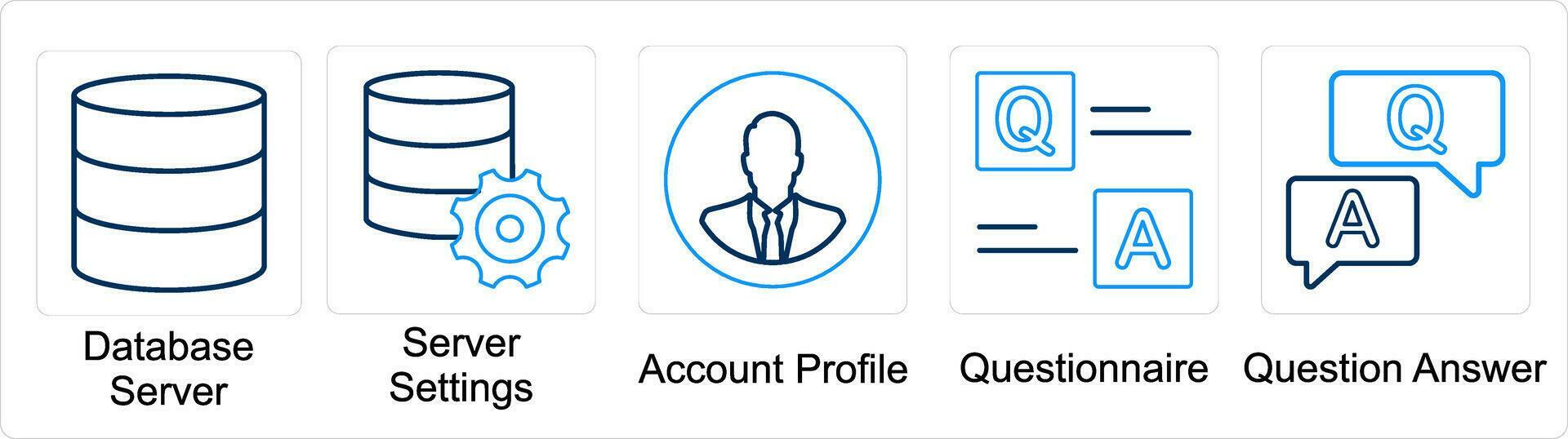 A set of 5 mix icons as database server, server settings, account ...