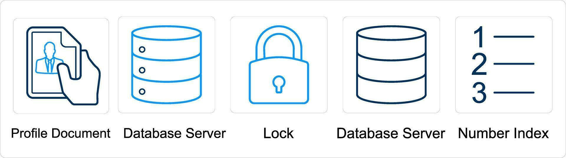 A set of 5 mix icons as profile document, database server, lock ...