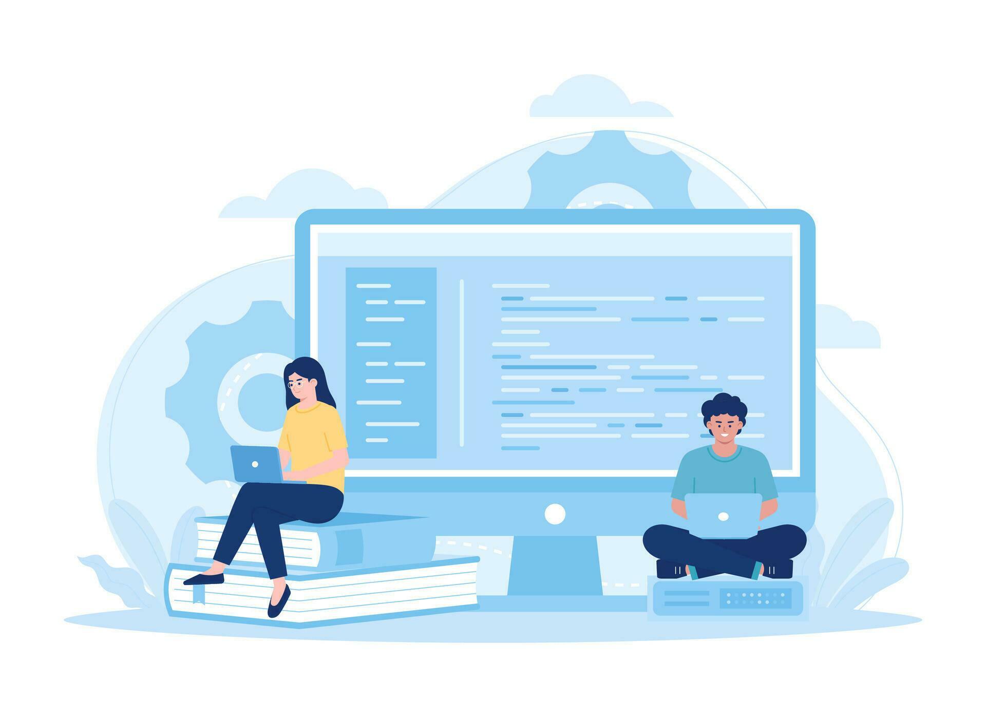 Programmer maintenance big data, database management concept flat ...