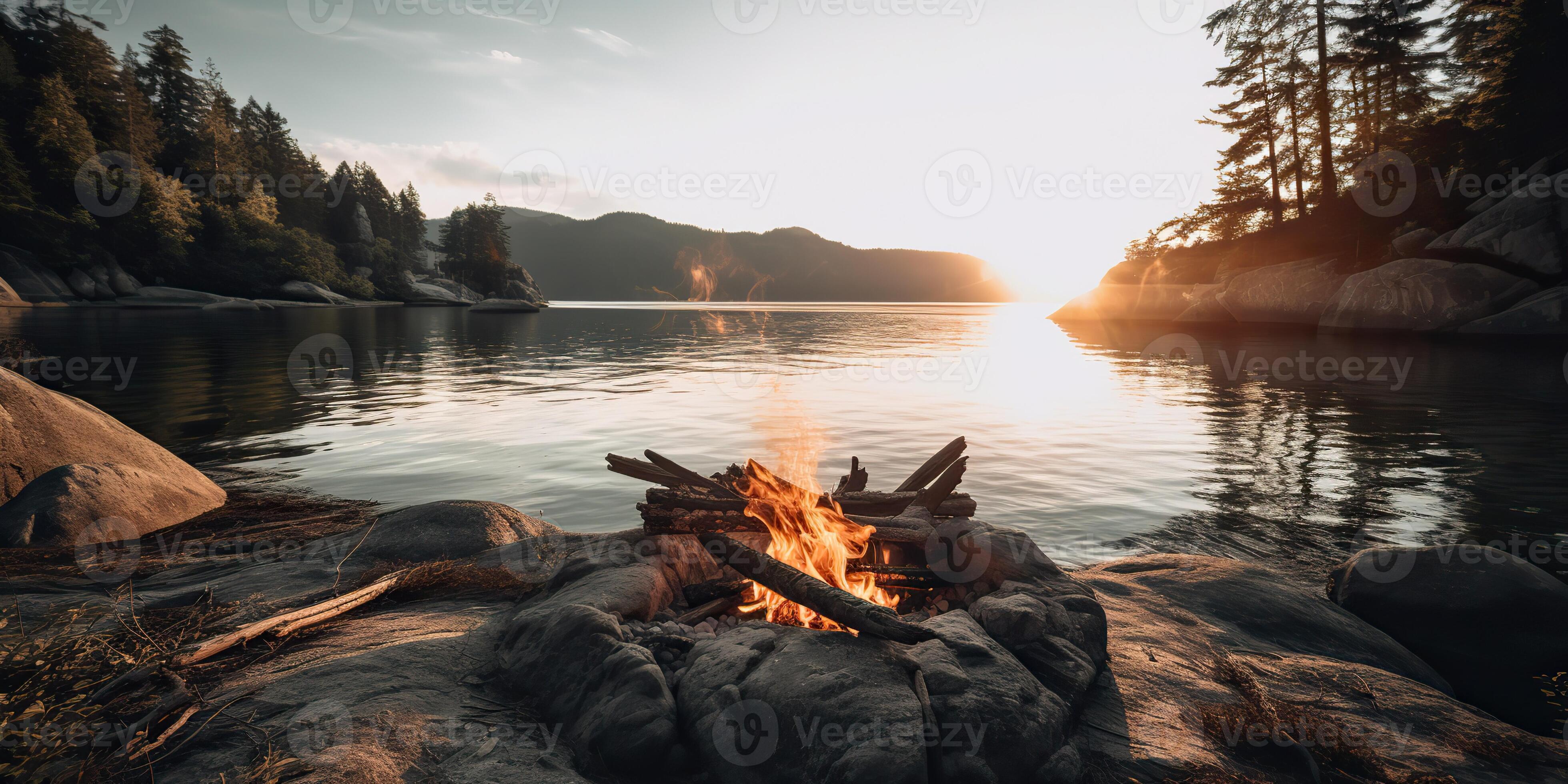 Outdoor nature wild landscape bonfire campfire camp flame relax chill lake beach side. Adventure ...