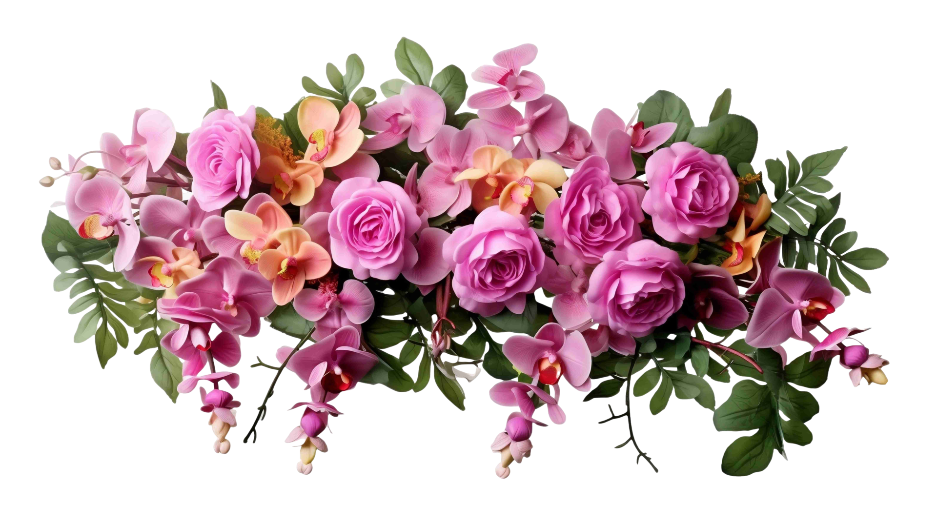 Pink Rose And Tropical Orchid Flowers With Green Leaves Floral