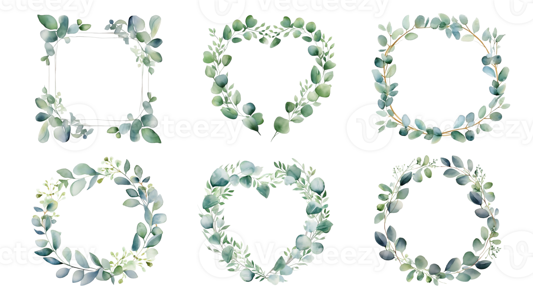 Watercolor floral illustration set - bouquets and wreath. Green leaf ...