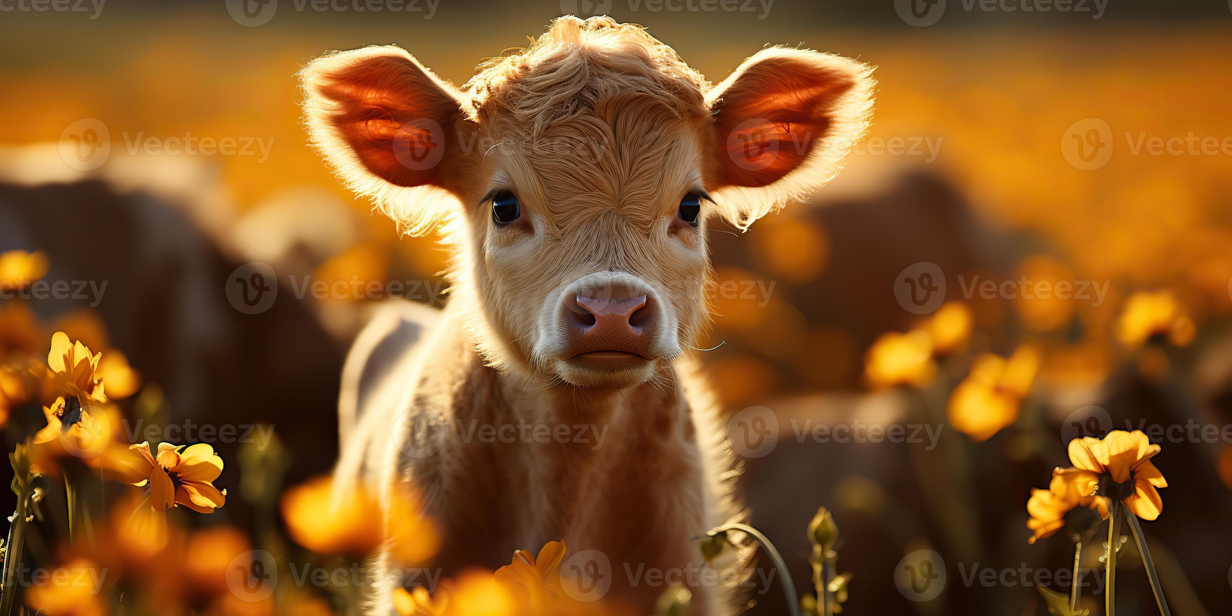 Beautiful young tittle calf on sunflower field at sunset. Nature landscape farm cow animal vibe ...