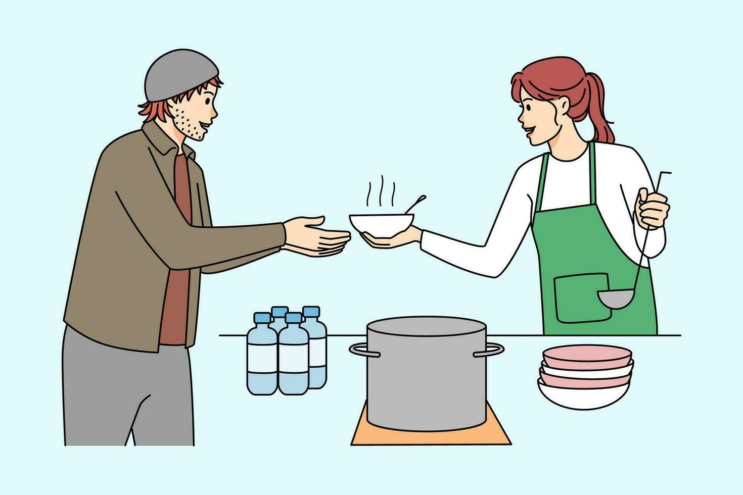 Woman Volunteer Serving Food To Poor Needy People In Humanitarian Social Center Female Activist