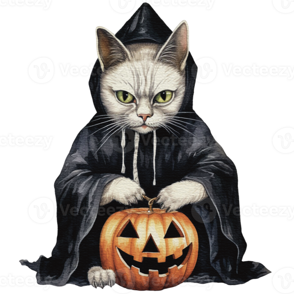 Watercolor Halloween Cat In Witch Costume And Hat With Pumpkin Png Ai Generative 26694708 Png