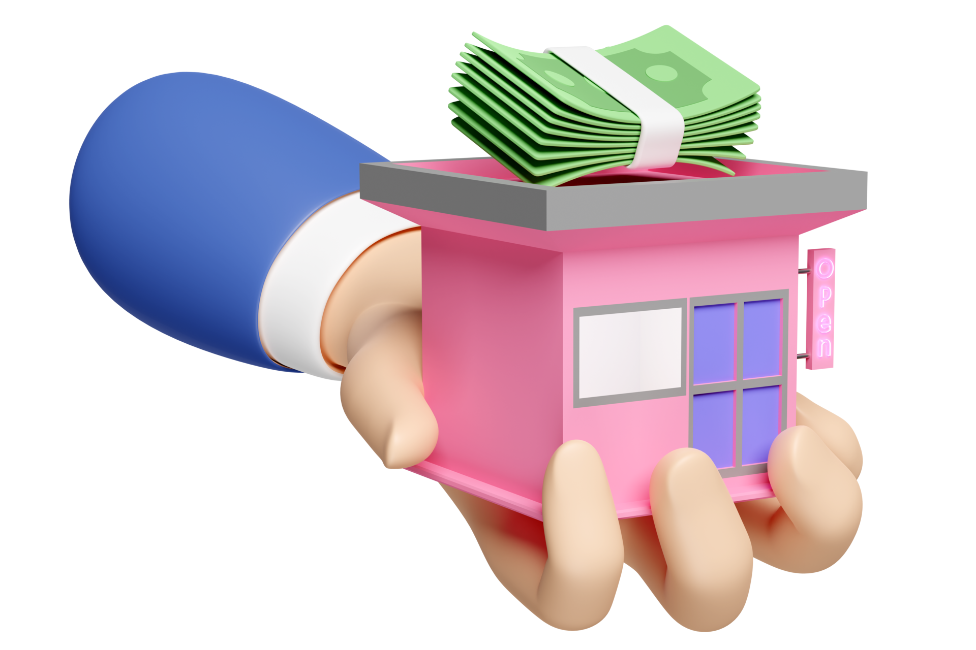 3d Businessman Hands Hold Building Shop Store Front With Banknote Stack Icon Isolated Startup