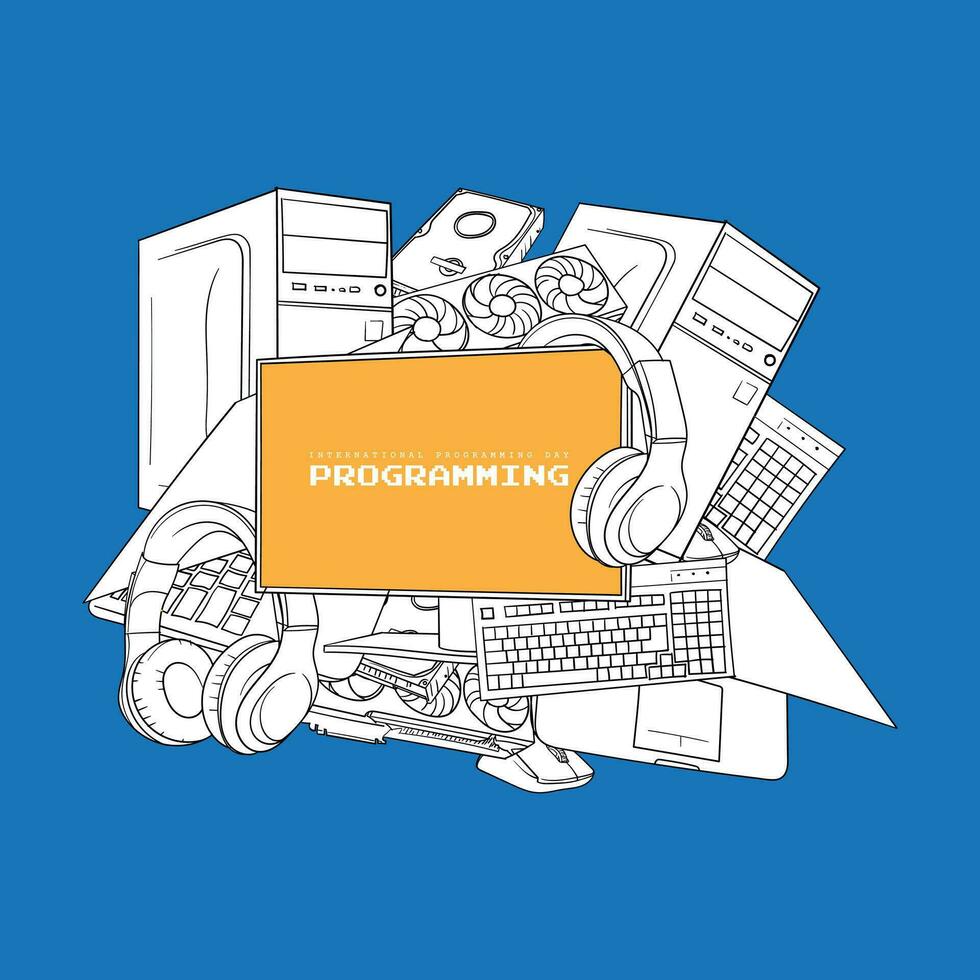 Computer parts in doodle art design for computer day or programming day template design 26701219 ...