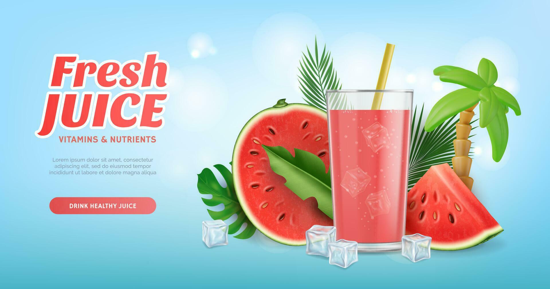 Realistic Detailed 3d Watermelon Fresh Juice Ads Banner Concept Poster