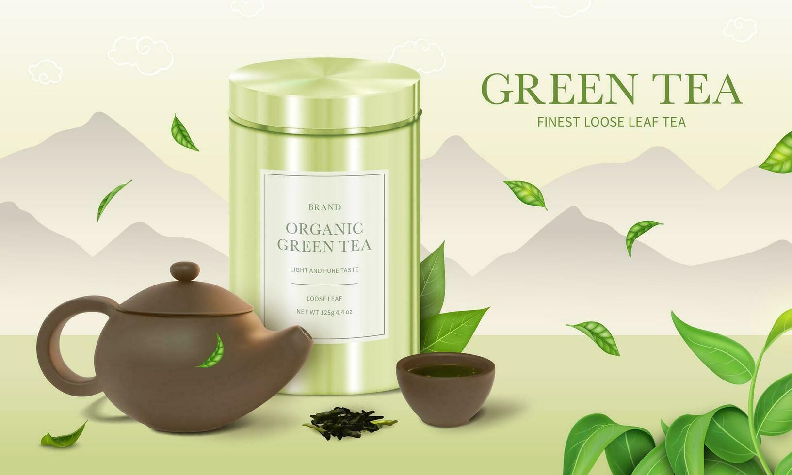 Realistic Detailed 3d Green Tea Finest Loose Leaf Ads Banner Concept