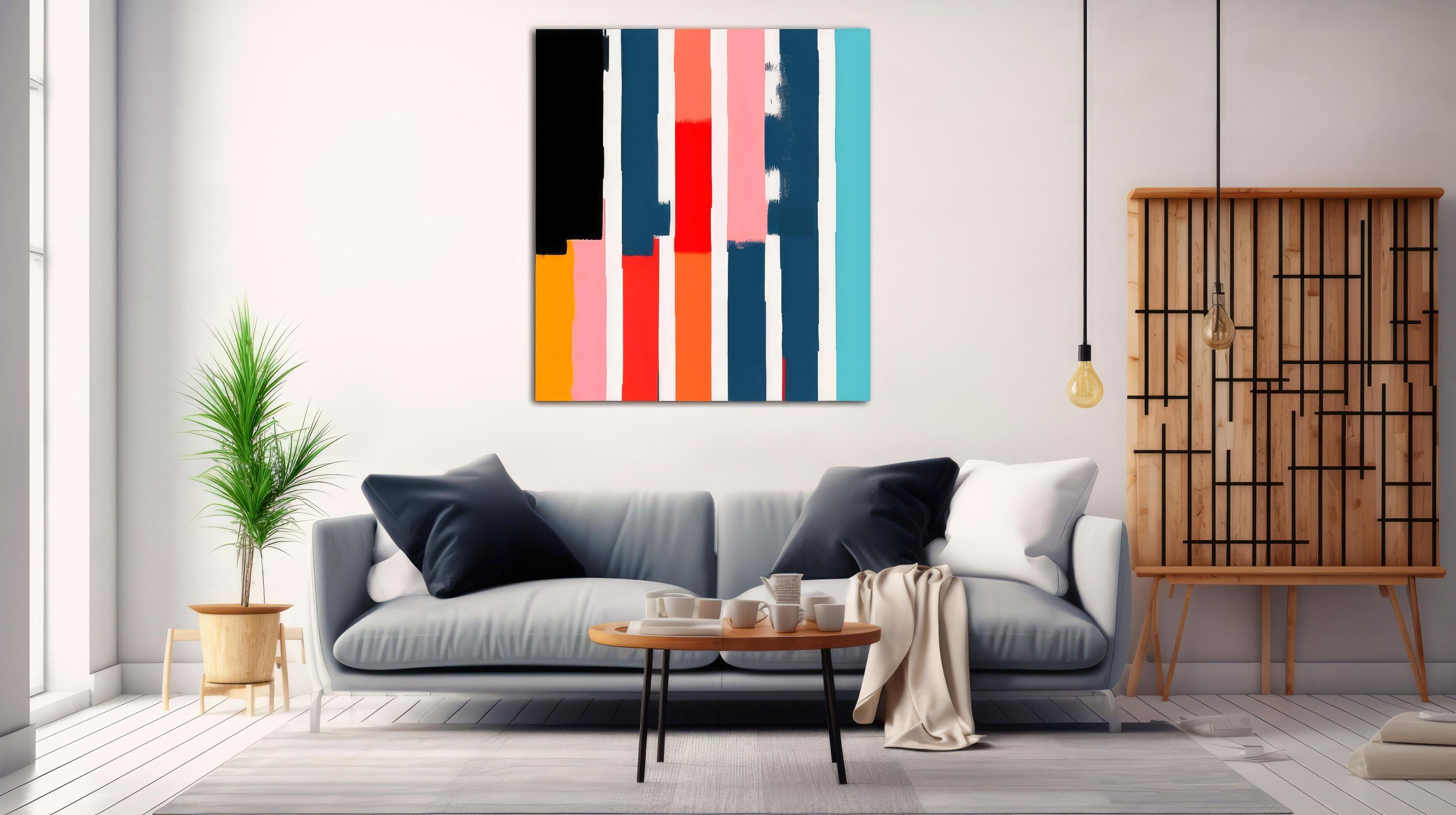 Stylish living room interior design with mock up poster frame, creative home accessories. Home ...