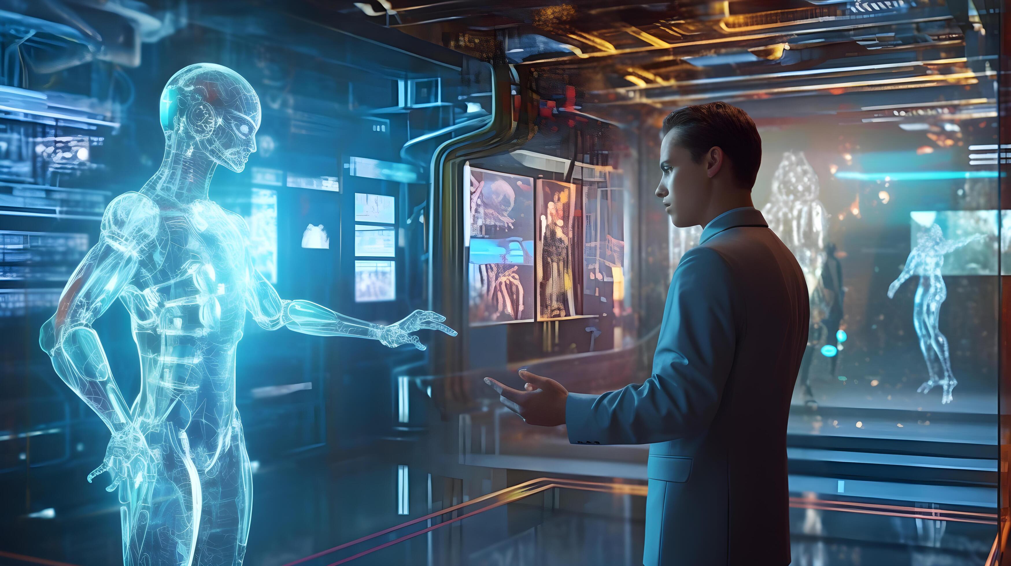 Person talking with holographic ai robot. futuristic technology or machine learning concepts ...