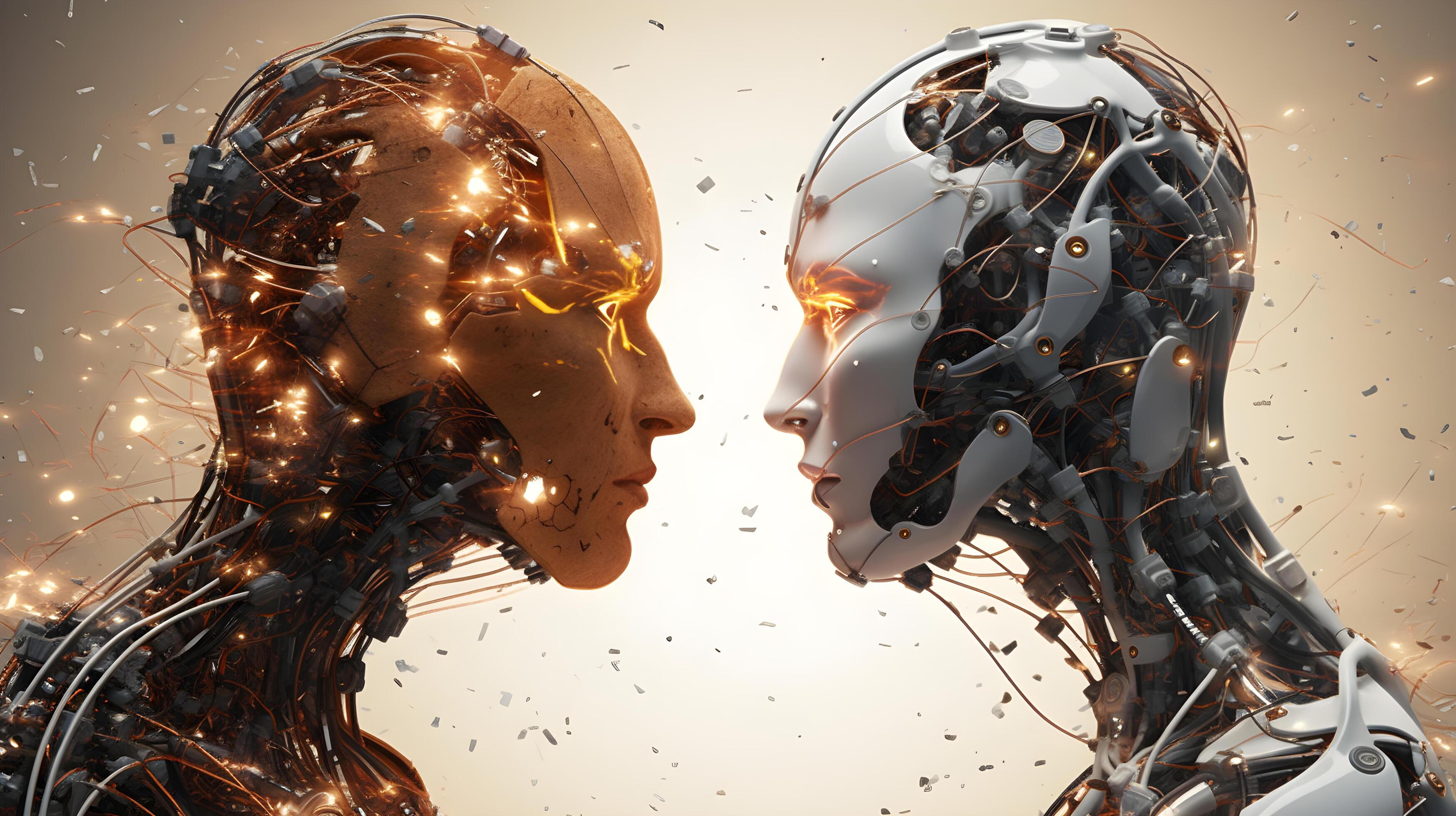 Two futuristic opposite ai robots. Battle of good and bad artificial ... Two futuristic opposite ai robots. Battle of good and bad artificial ...