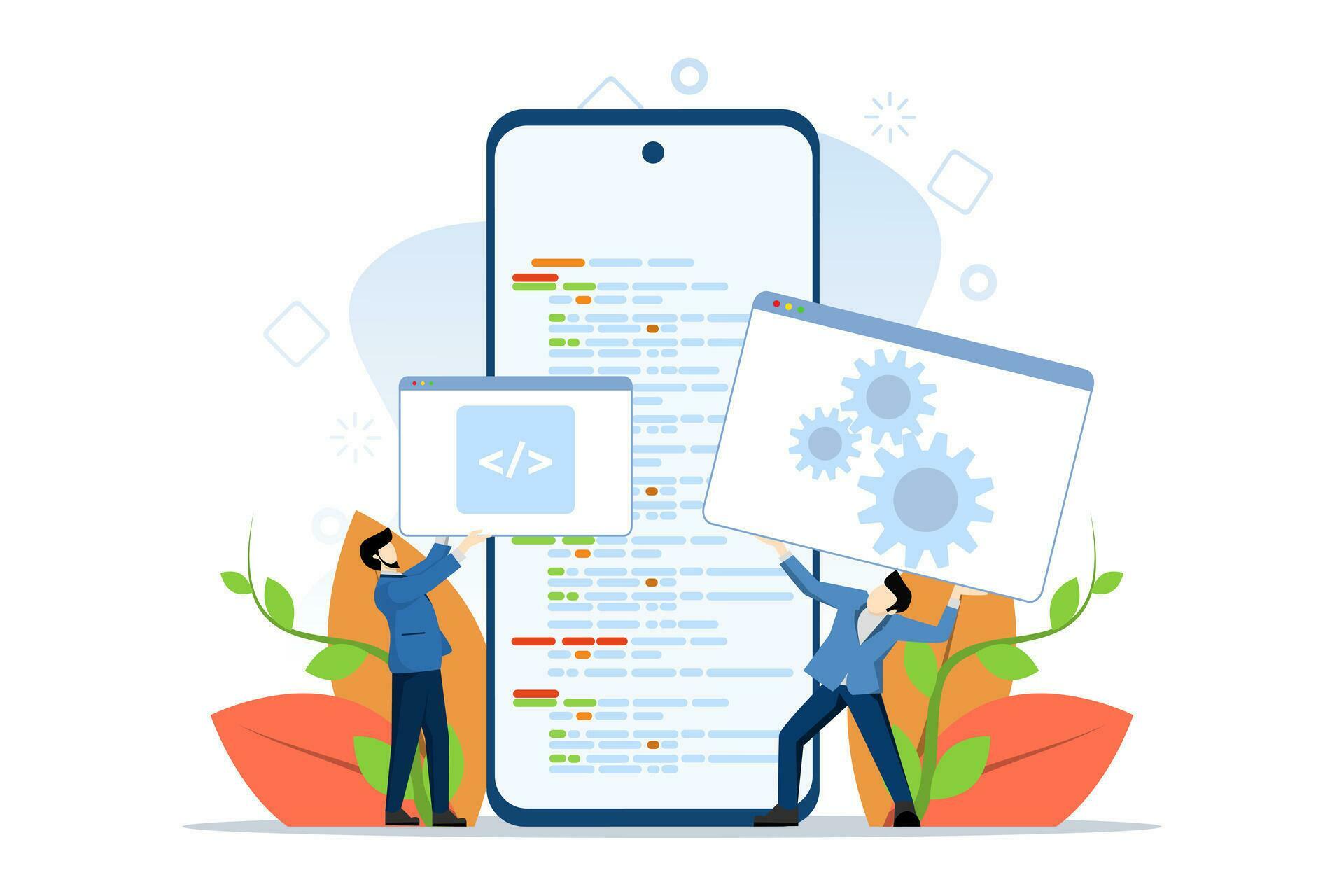 App Development Concept, people in various web and app design and ...