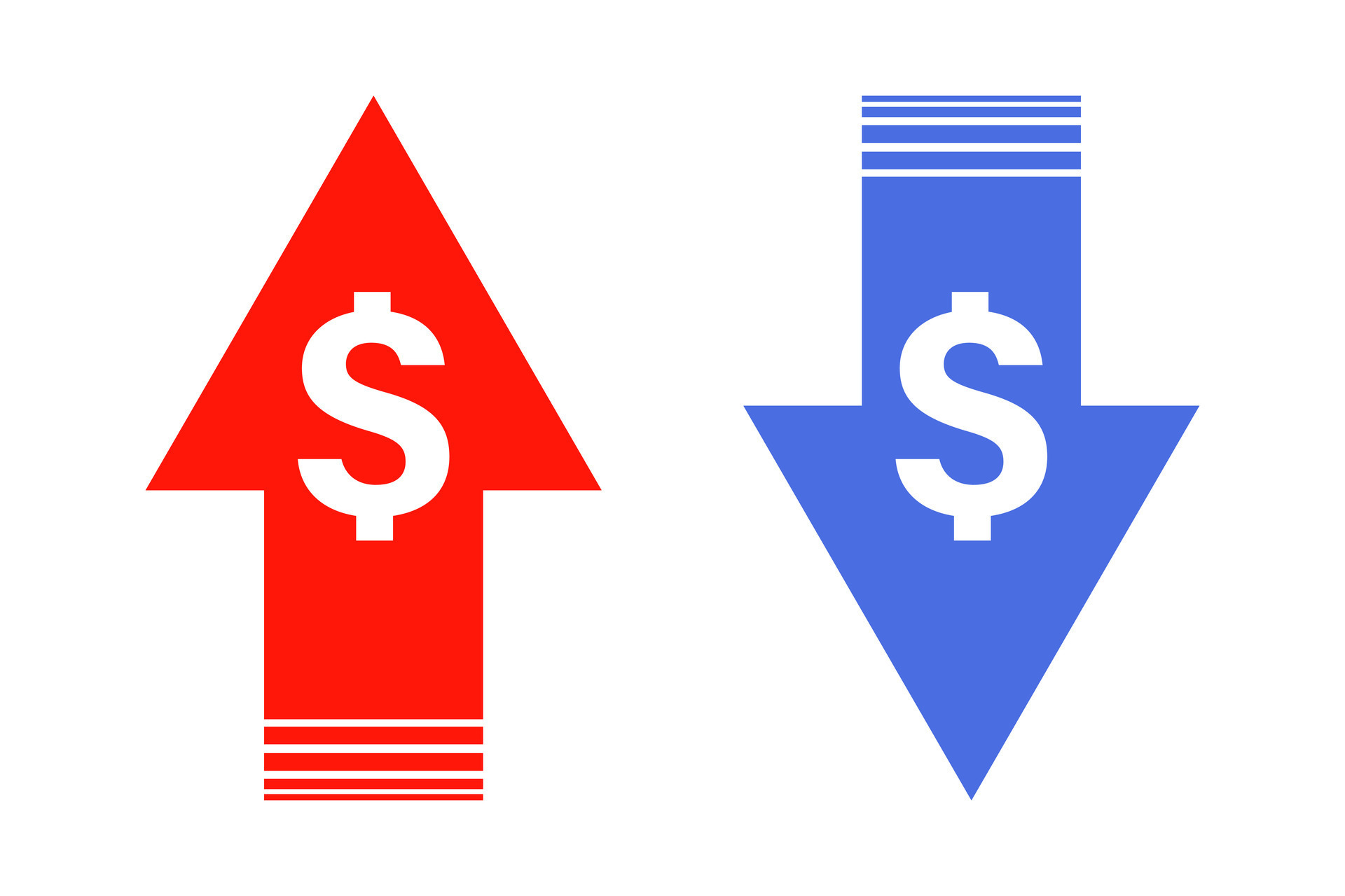 Dollar price increase arrow and dollar price decrease arrow icon set. Exchange rate. Vector ...