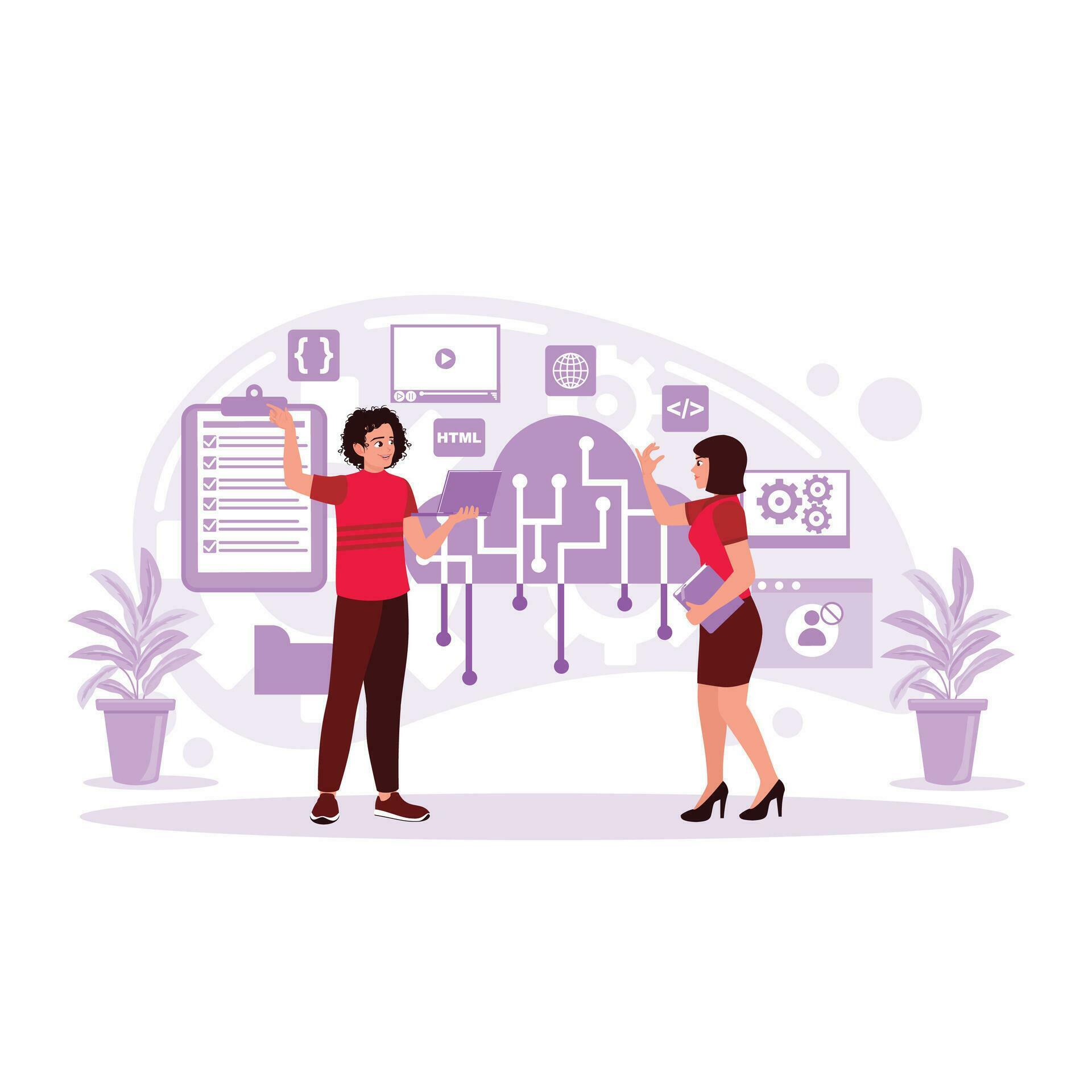 Man and woman on web design and development chart background with icon ...