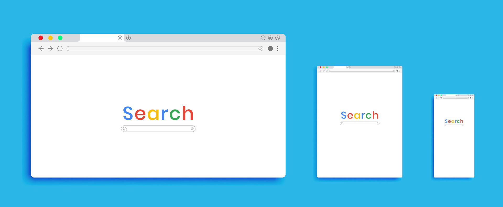 Three Browser window and Search bar, Browser in flat style for website ...
