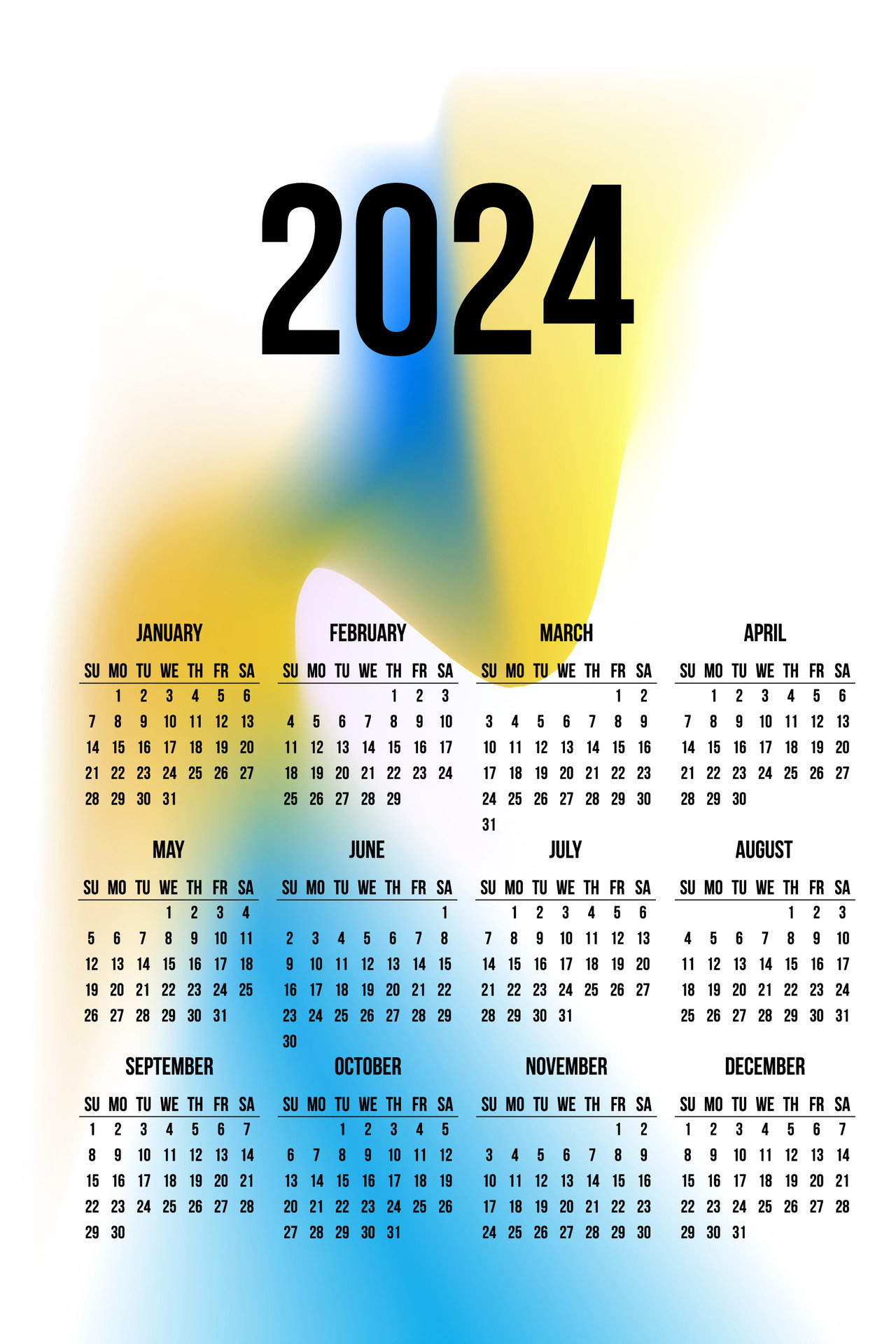 Calendar 2024 on abstract background light blue and yellow gradient ...