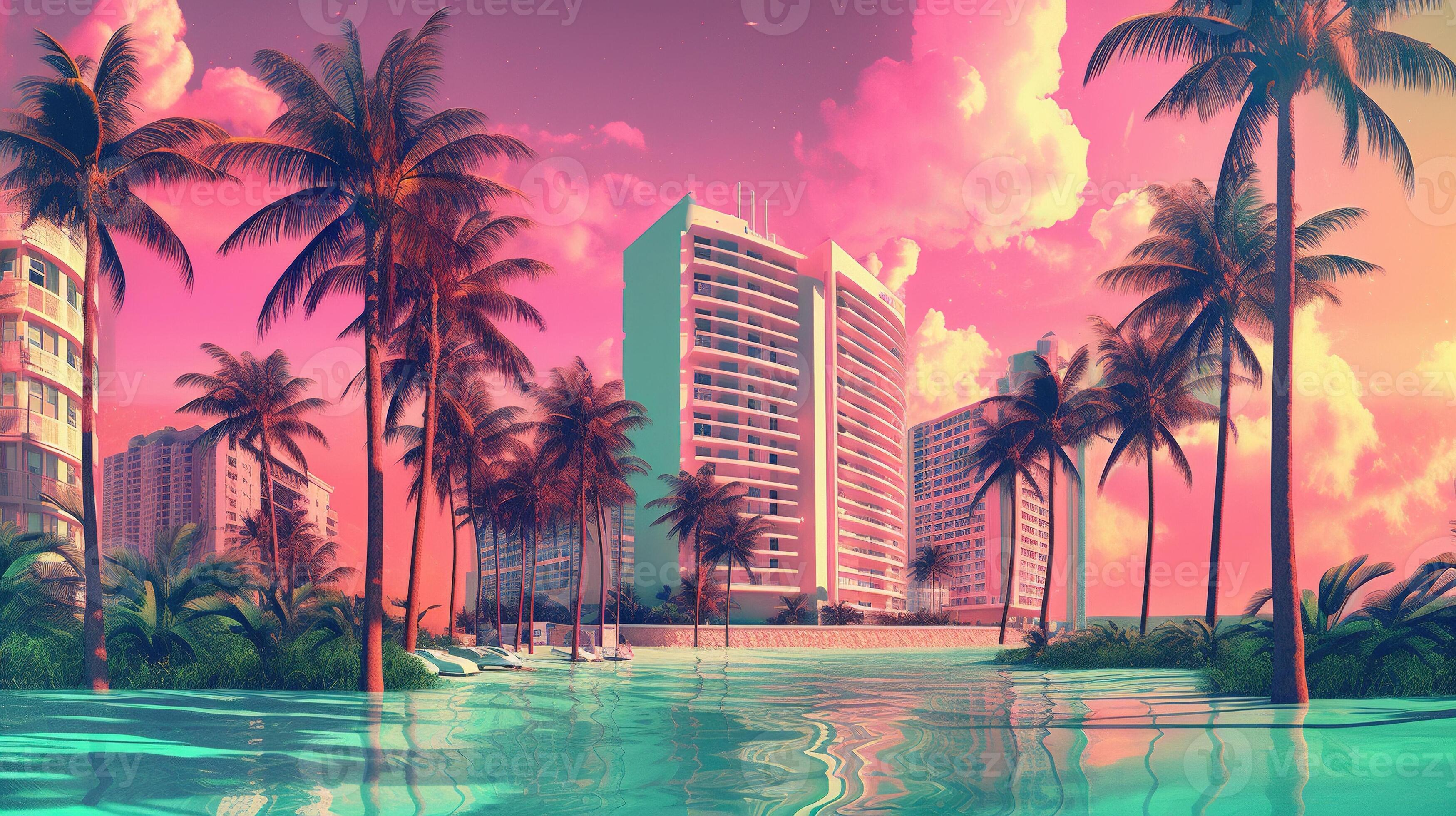 Generative AI, Miami Summer Vibes retro illustration. Vintage pink and blue colors, buildings ...