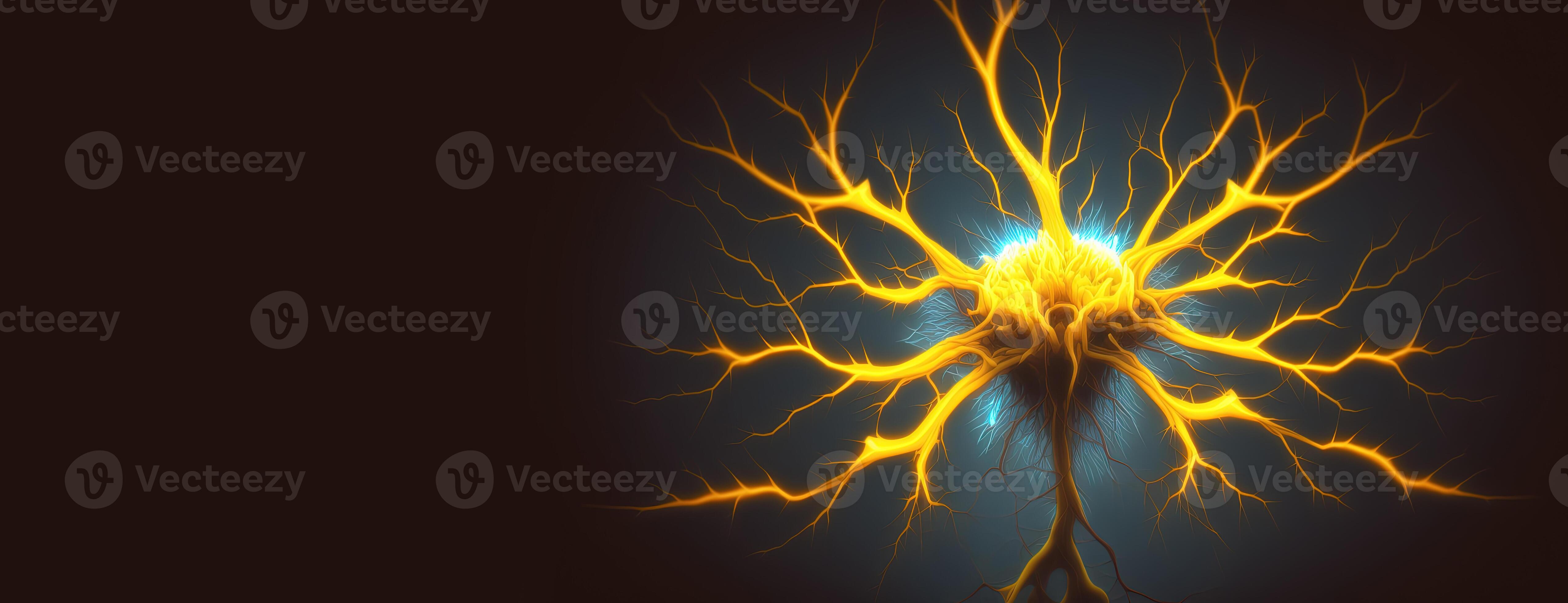 , Conceptual illustration of neuron cells with glowing link knots in abstract dark space, high ...