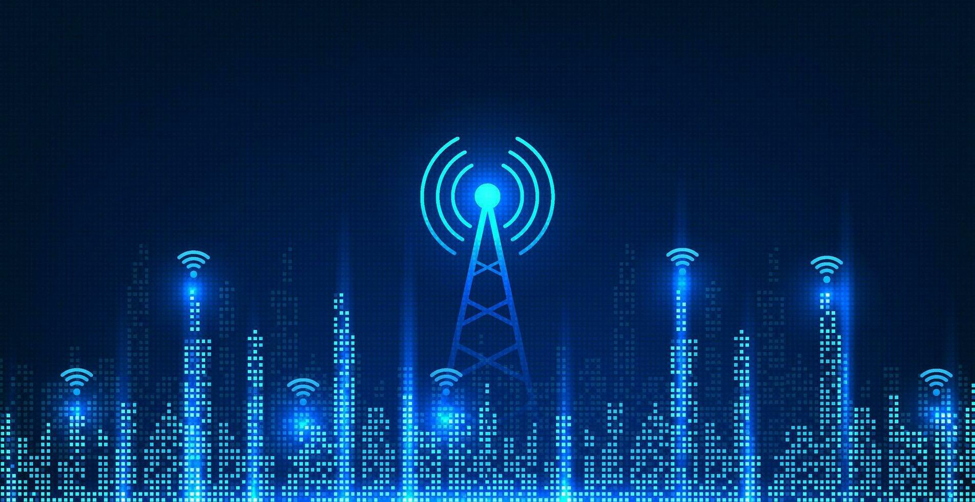 Cellular technology located on the smart city is pixelated. Smart city concept with signal ...