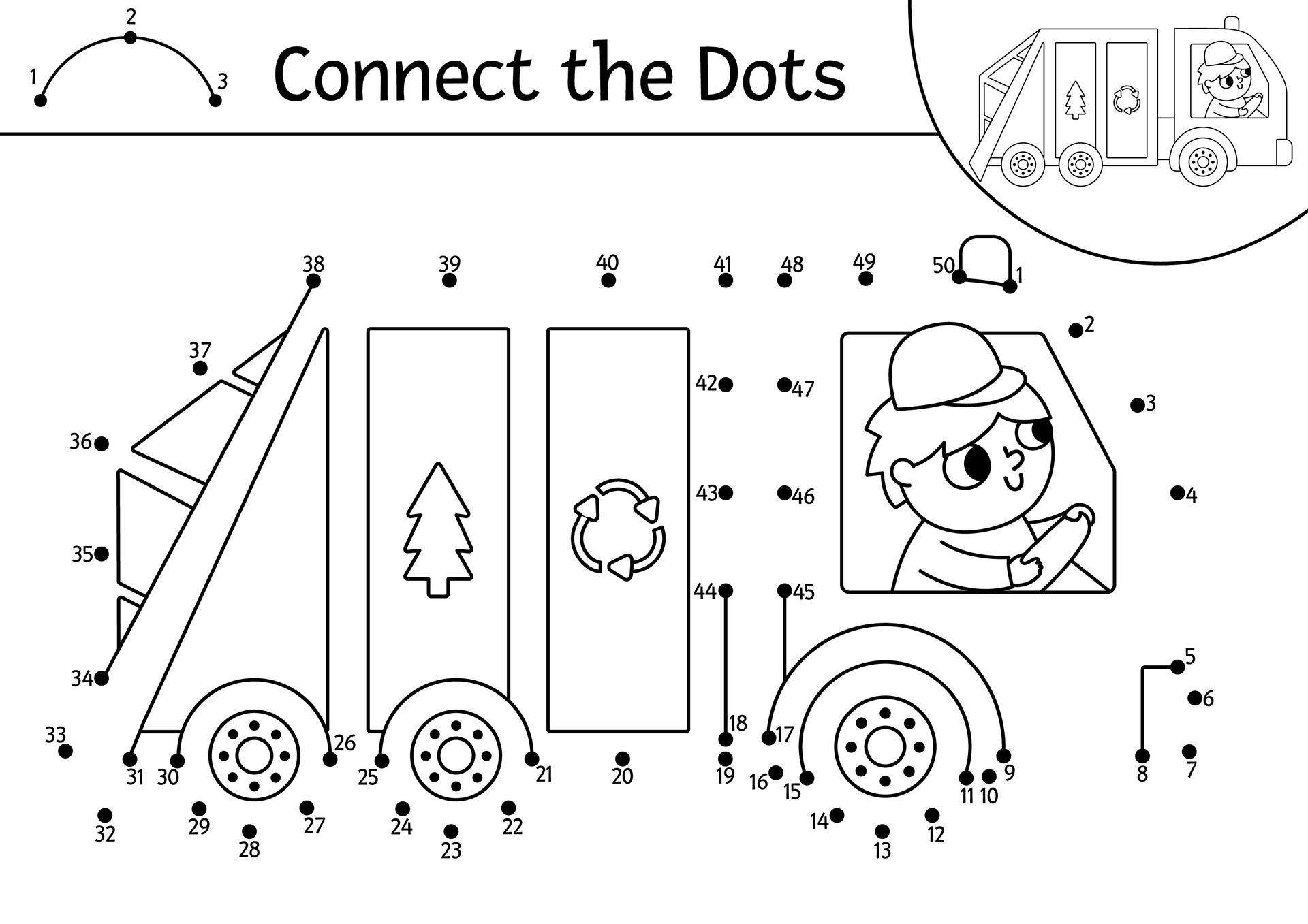 Vector dot-to-dot and color activity with cute garbage truck ...