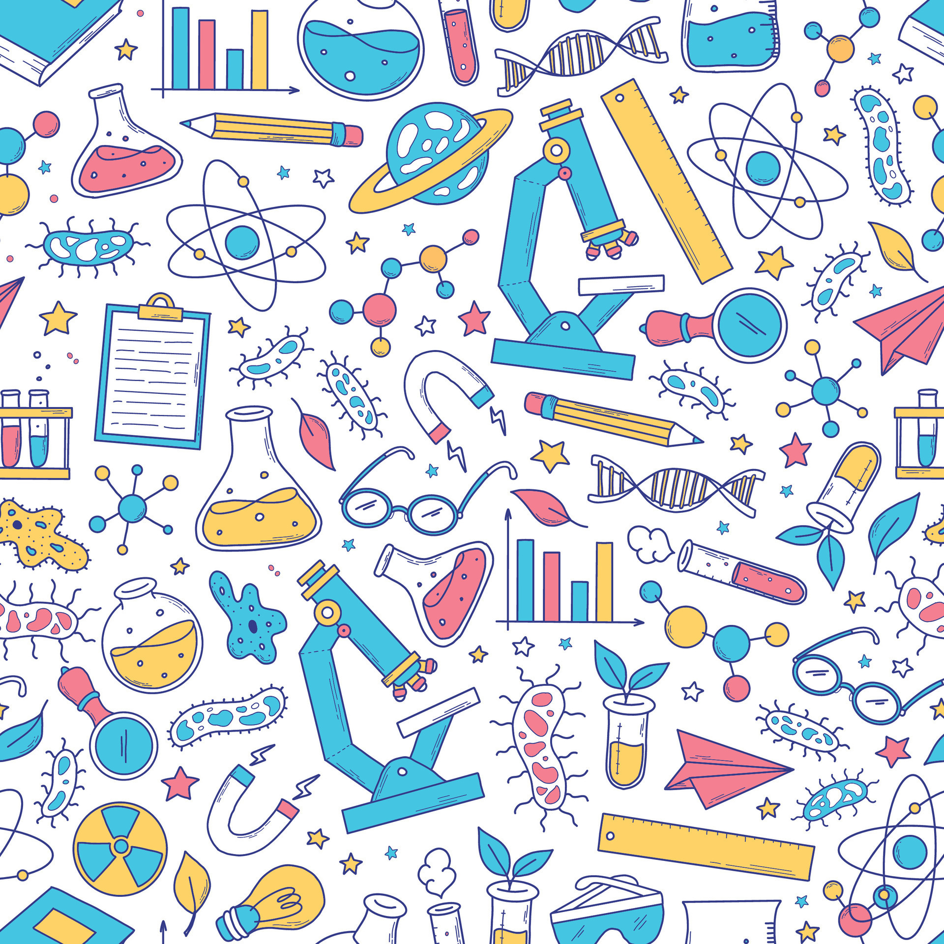 Science Seamless Pattern With Doodles Cartoon Elements Supplies On White Background For