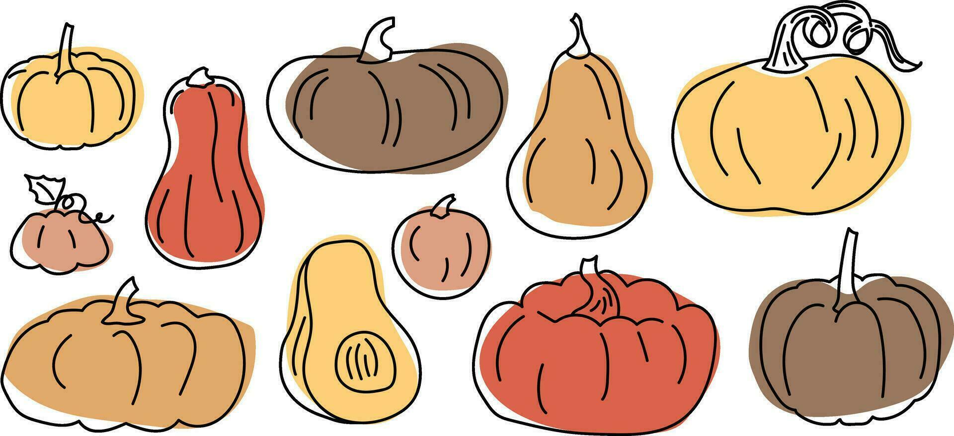 autumn doodle set, vector elements, hand drawn colored pumpkins ...
