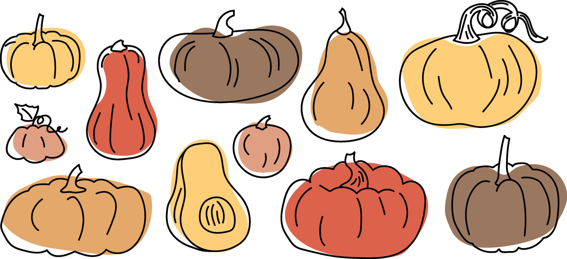 autumn doodle set, vector elements, hand drawn colored pumpkins ...