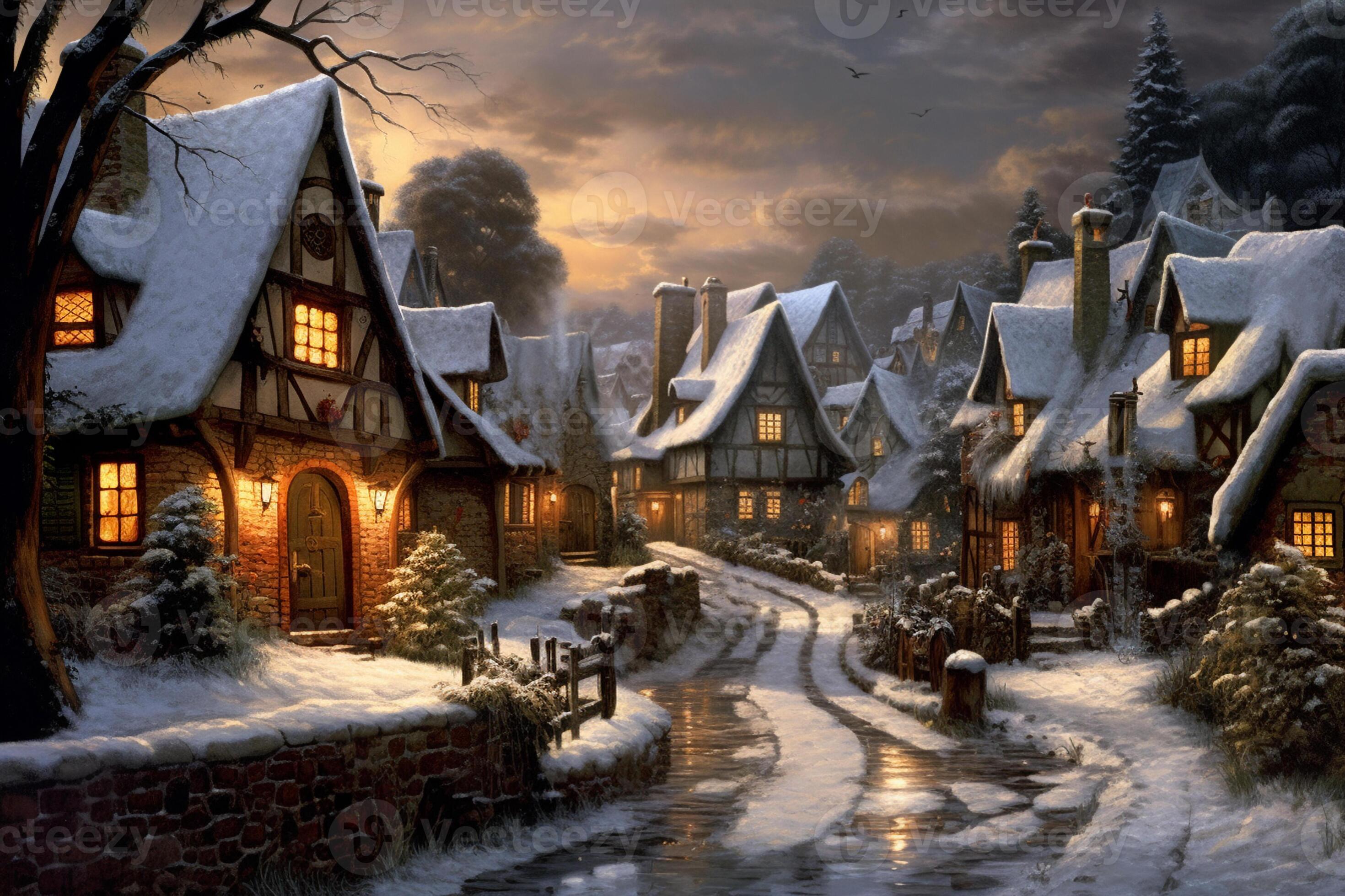 Christmas village night landscape. Winter snowy cozy street with lights in houses. Winter ...
