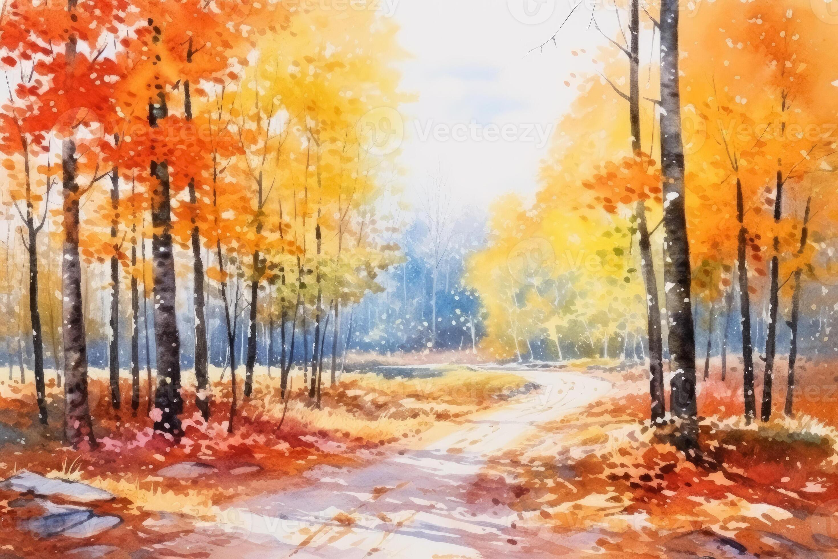 Autumn forest landscape colorful watercolor painting of fall season ...
