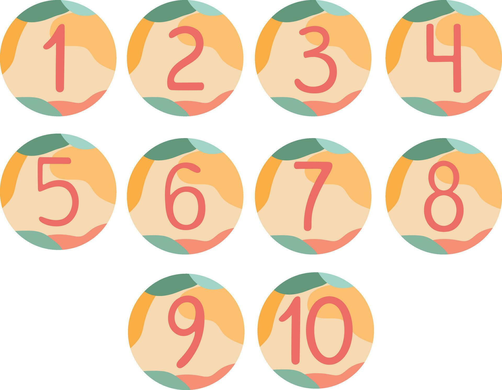 Hand drawn numbers from One to Ten in circles with abstract shaped ...