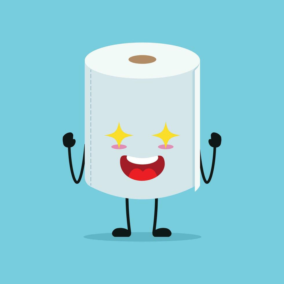 Cute Excited Toilet Paper Character Funny Electrifying Tissue Cartoon Emoticon In Flat Style