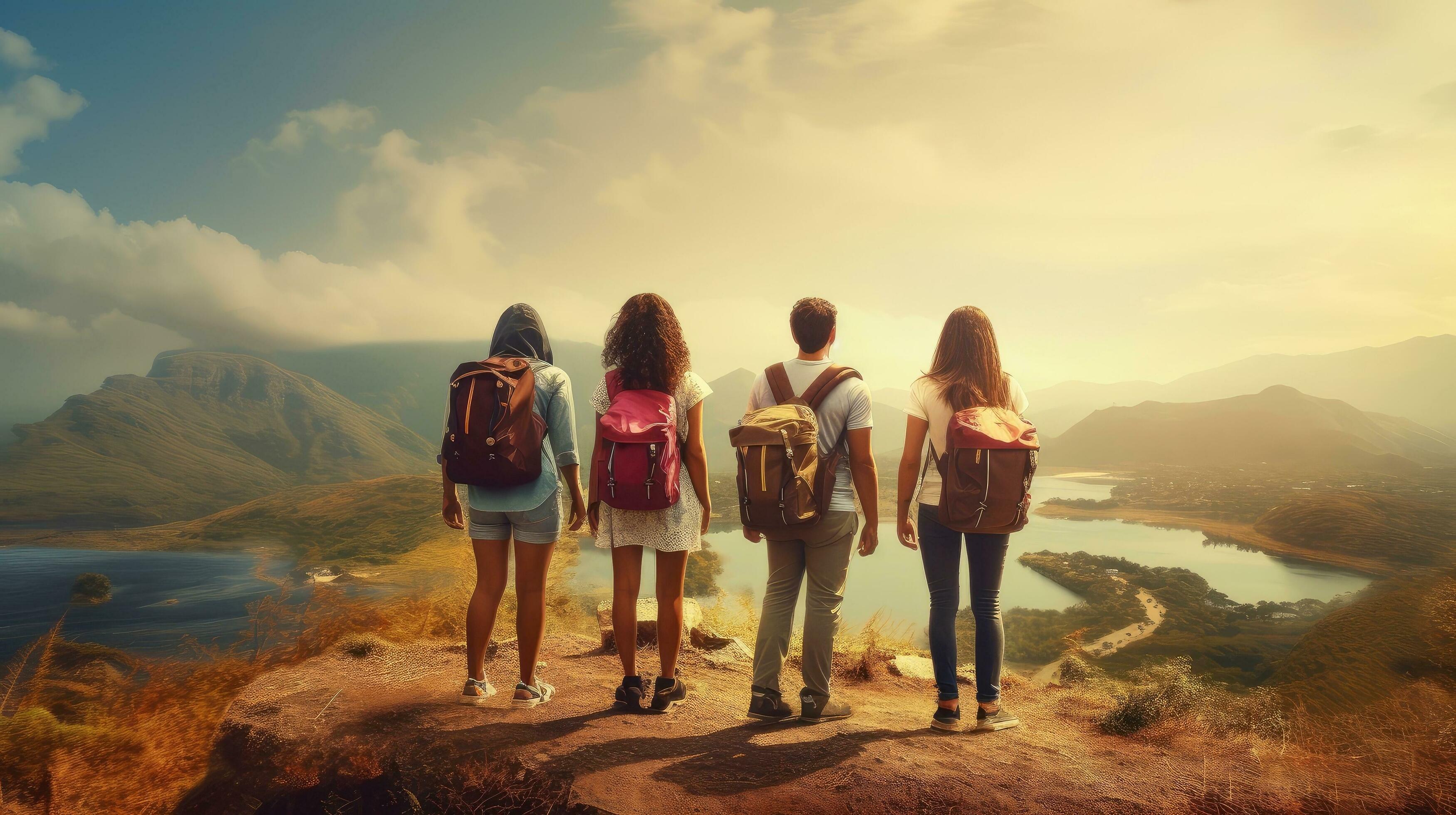 Group of happy friends explore nature outdoors, tourism, travel ...