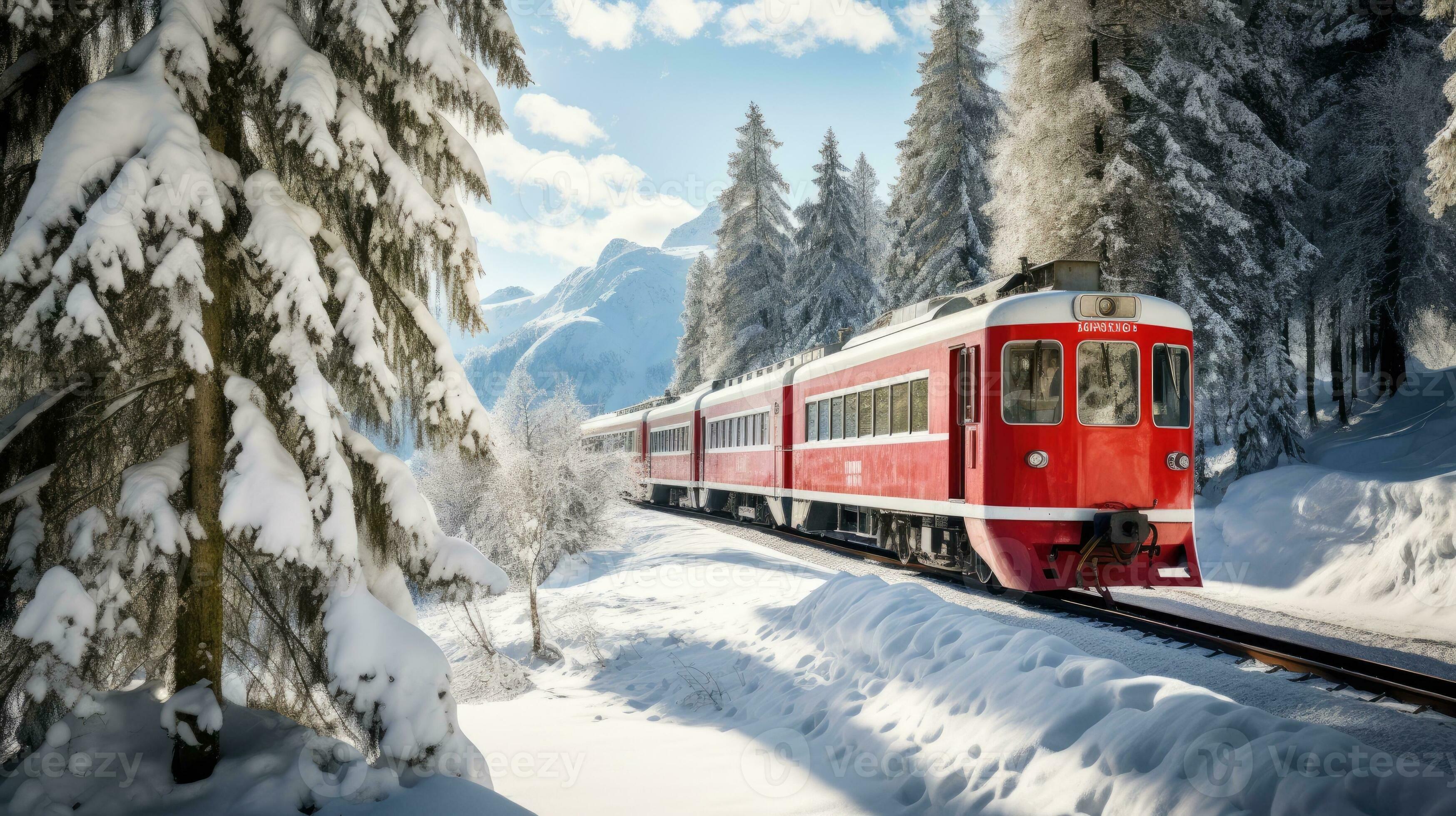 Bernina Express passes through the snowy woods, Switzerland. Generative ...