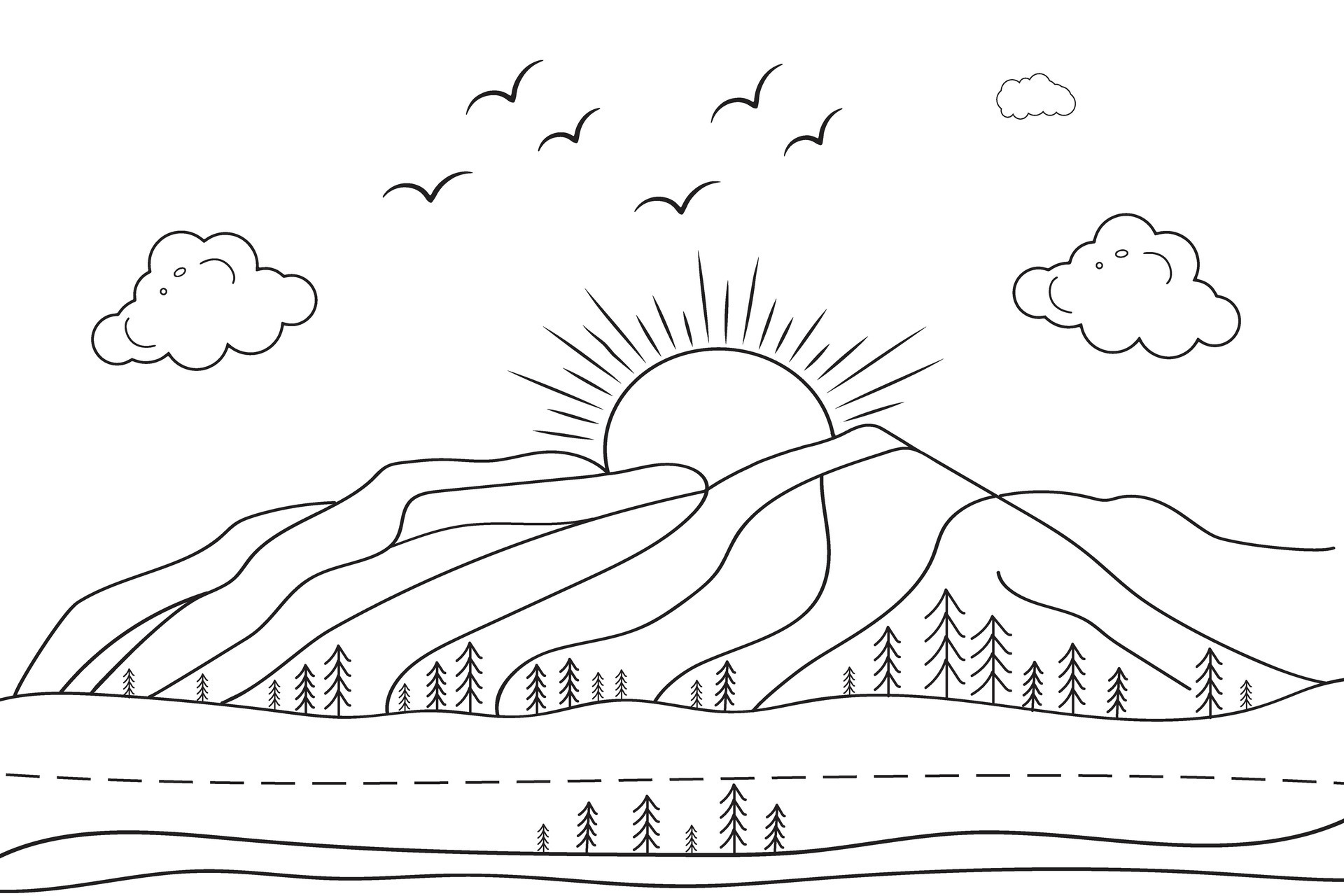 hand-drawn line art landscape mountain view, with sun and clouds, under ... hand-drawn line art landscape mountain view, with sun and clouds, under ...