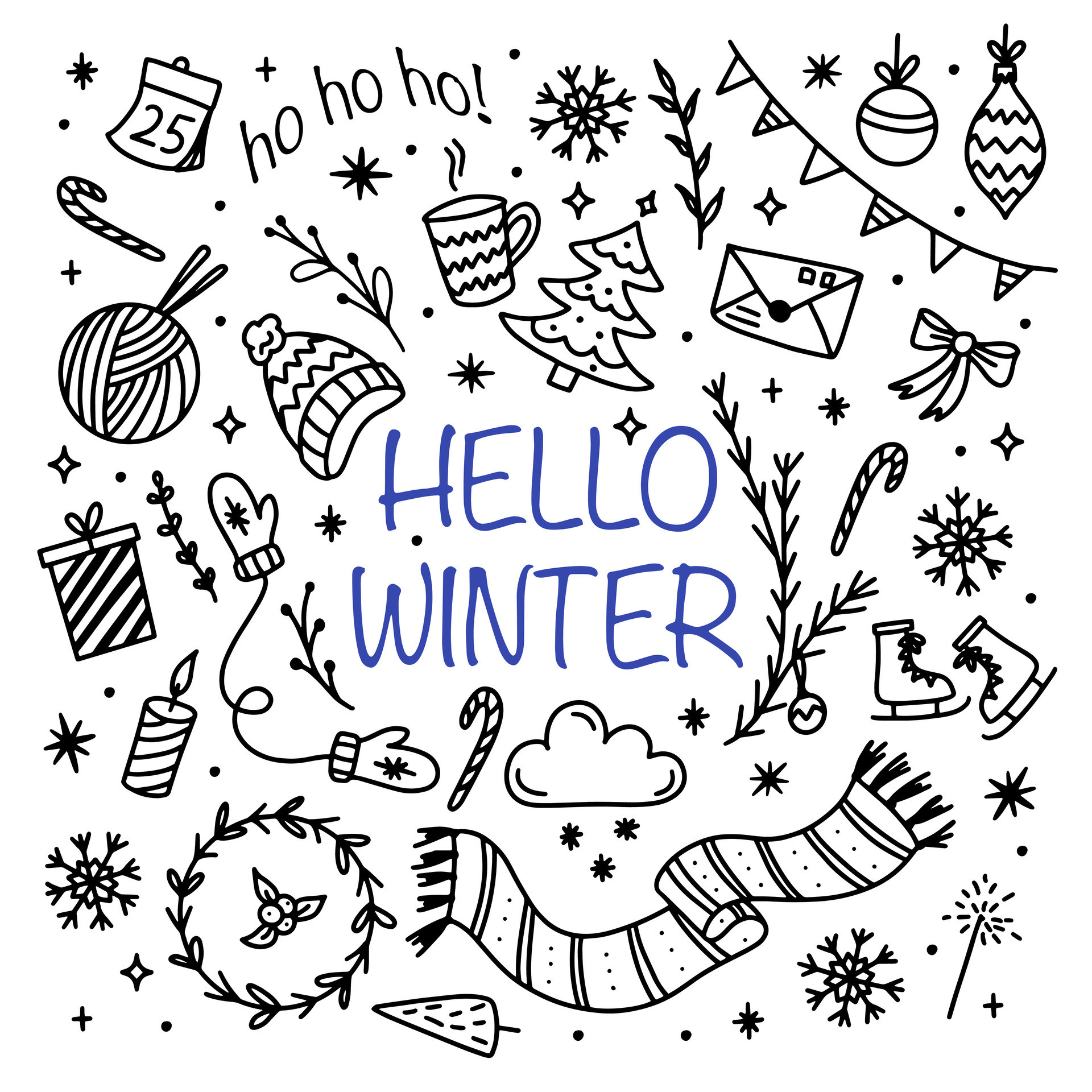 Winter doodle set. Snow, christmas, christmas tree, warm clothes, hot ...