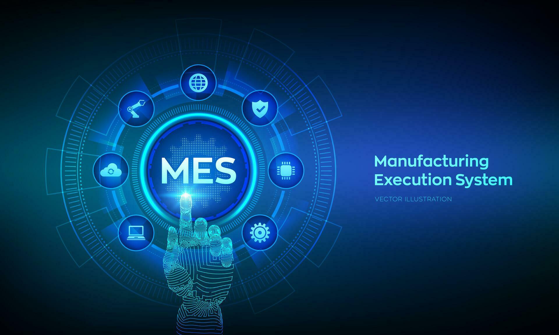 MES. Manufacturing execution system technology concept on virtual screen. Automation Software ...