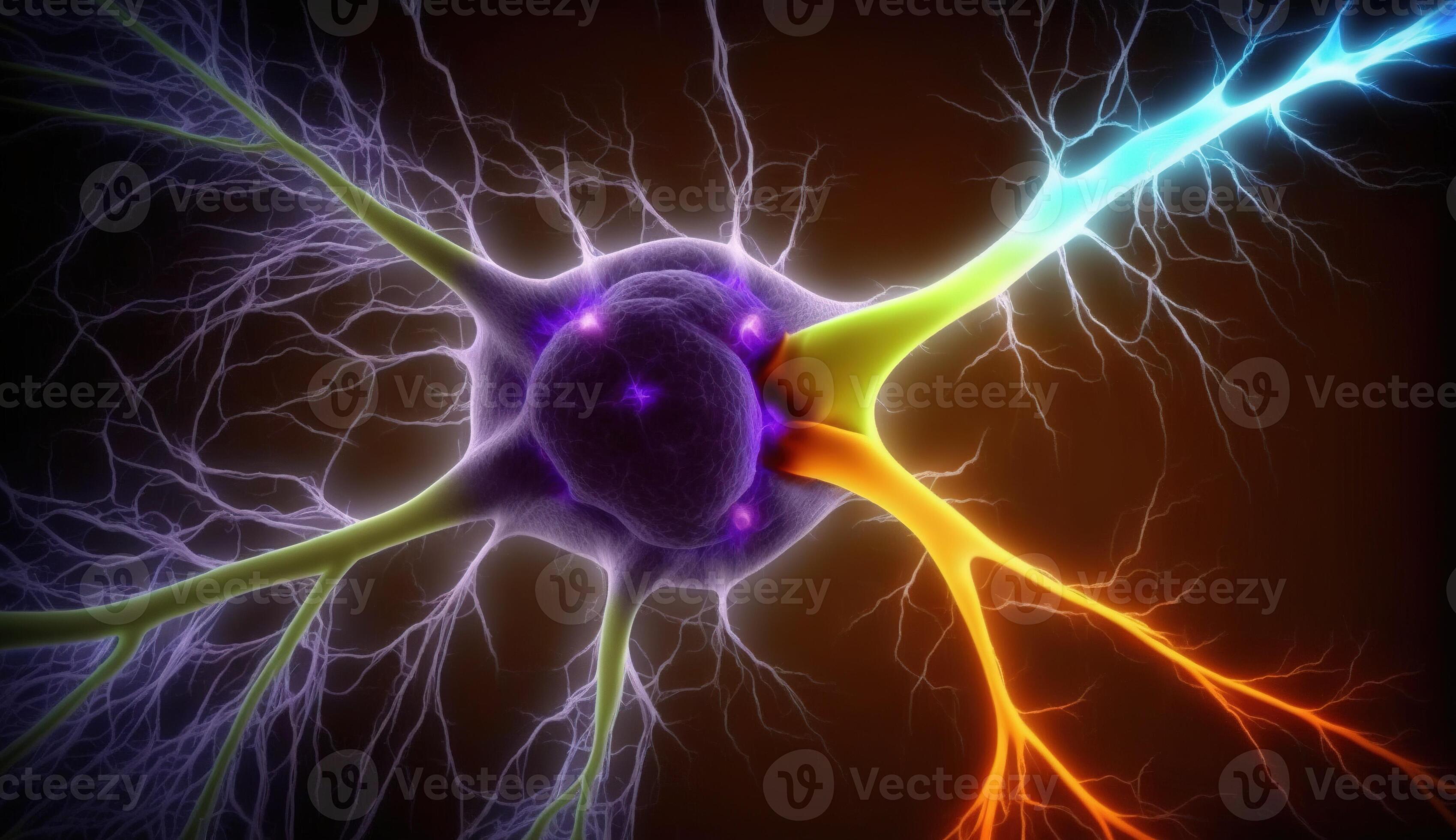 , Conceptual illustration of neuron cells with glowing link knots in abstract dark space, high ...