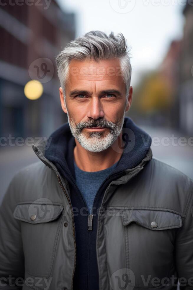 Portrait of an handsome mature man in casual attire on a city street ...