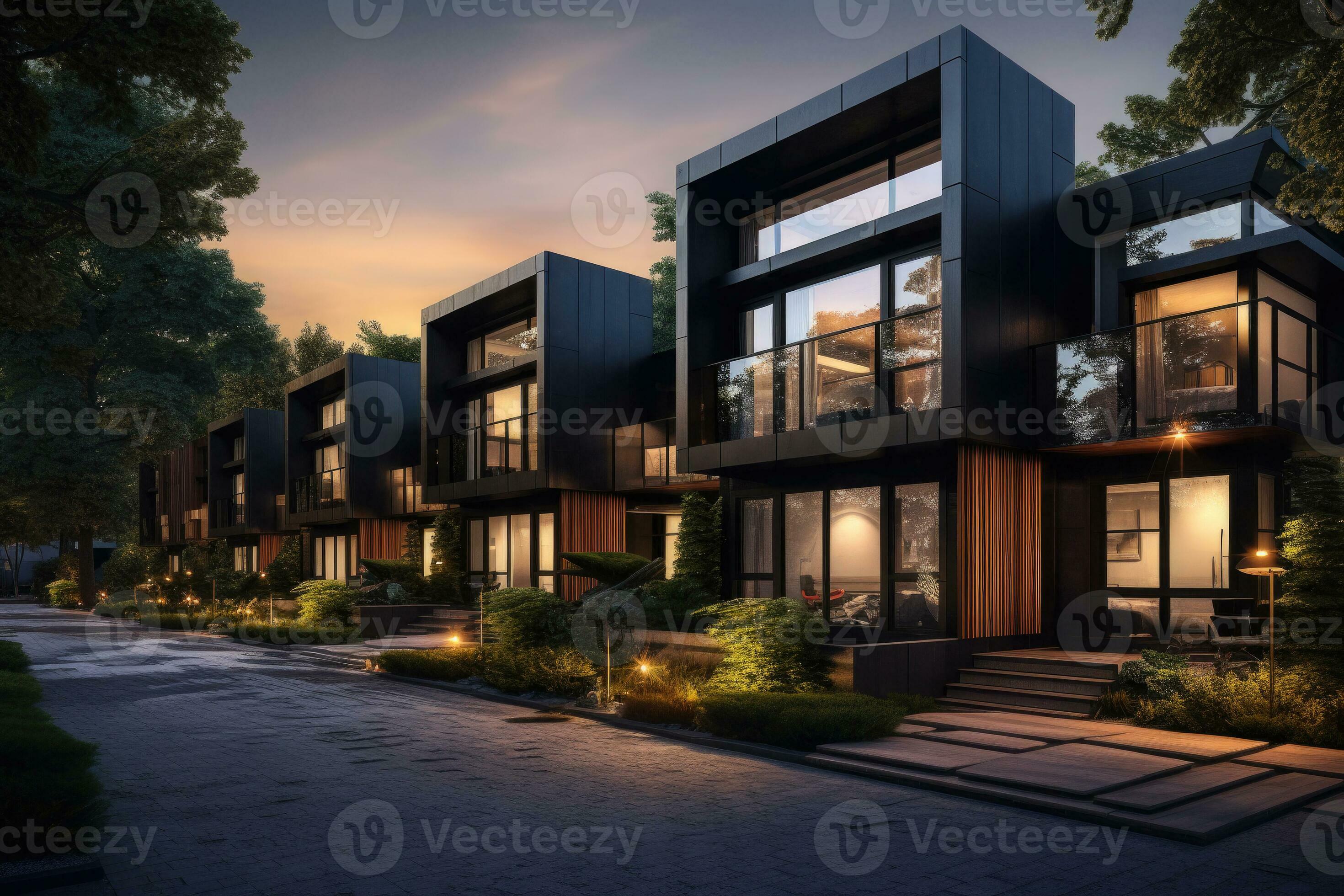Modern townhouses in suburban at night. Generative AI 26789746 Stock Photo at Vecteezy