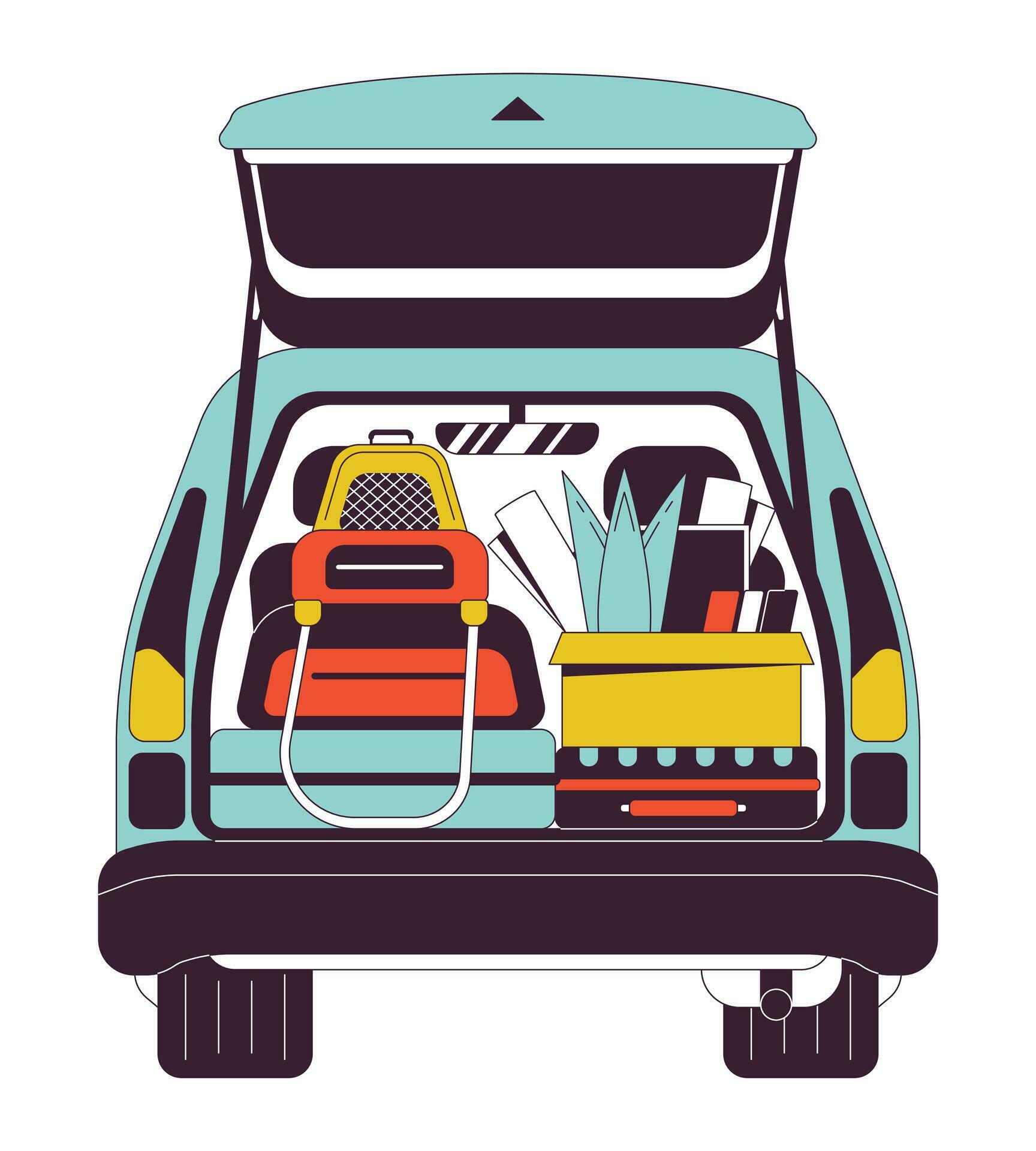 Car Trunk With Personal Belongings Flat Line Color Isolated Vector Object Packing For Road Trip