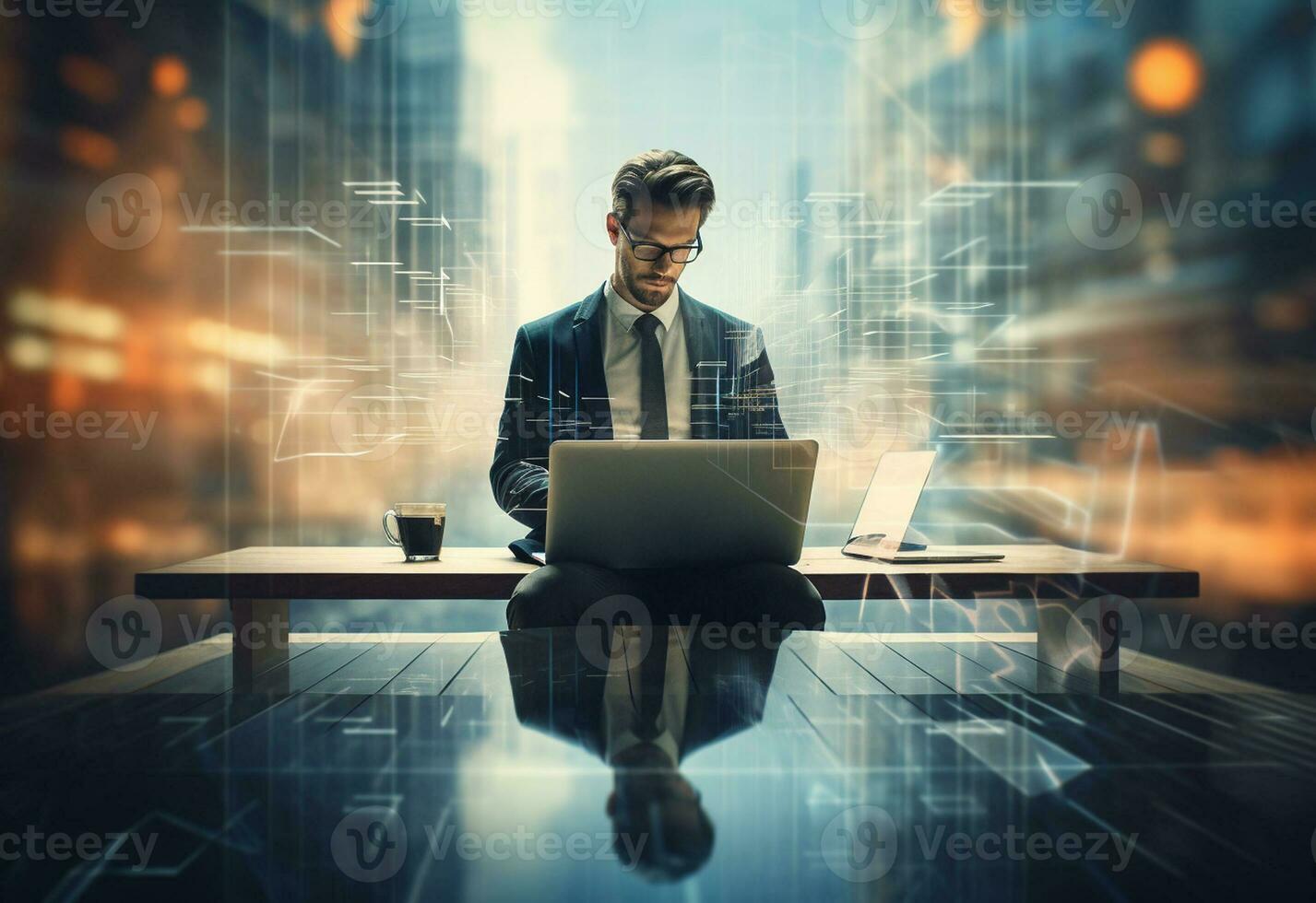 double exposure photo of a business man using laptop on his desk front ...