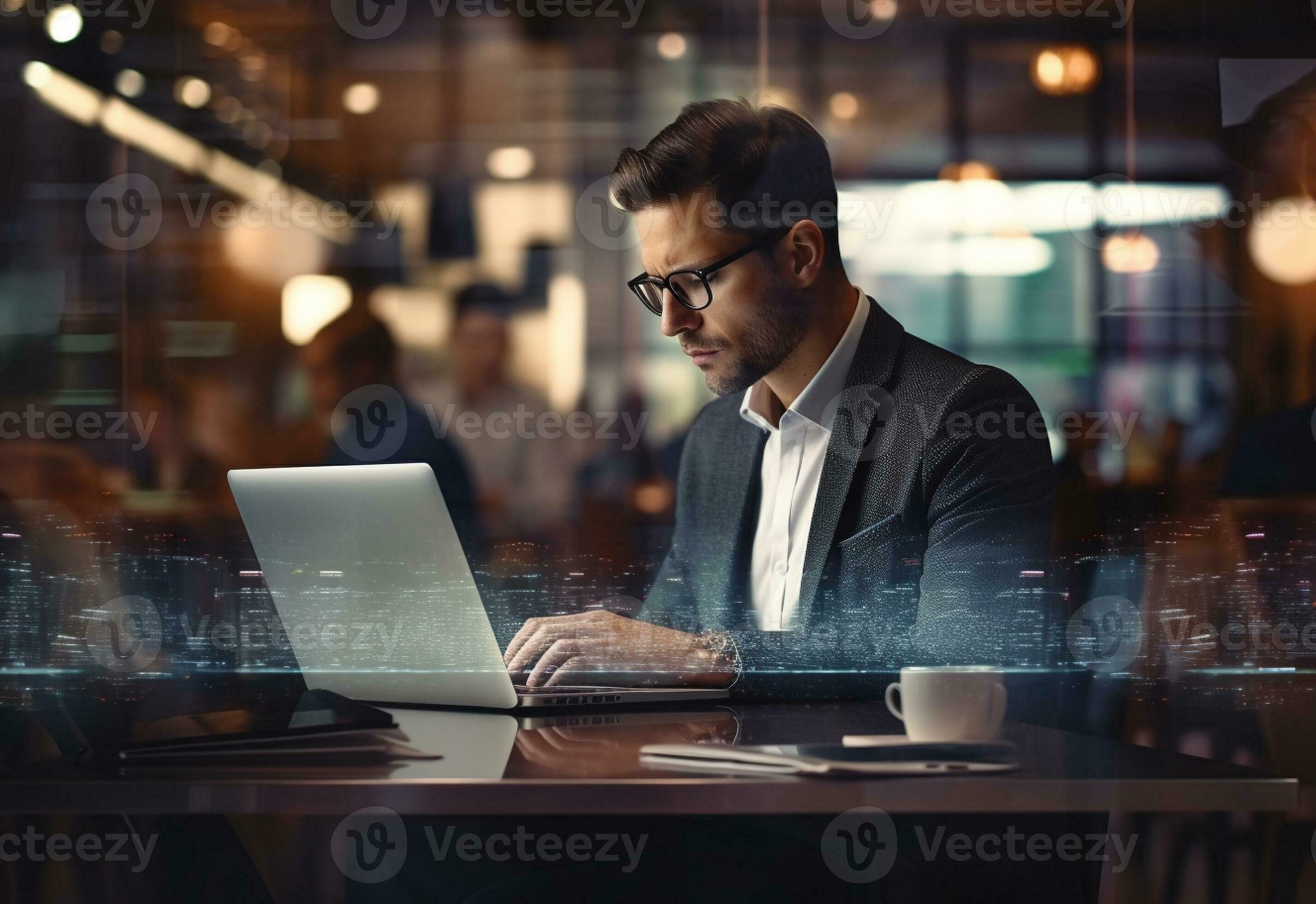 double exposure photo of a business man using laptop on his desk front view office background ...