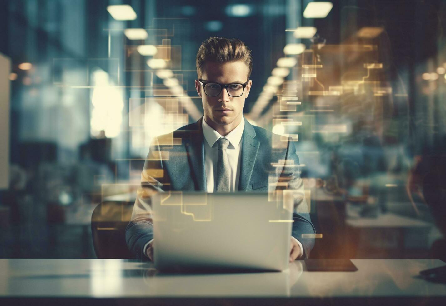 double exposure photo of a business man using laptop on his desk front ...