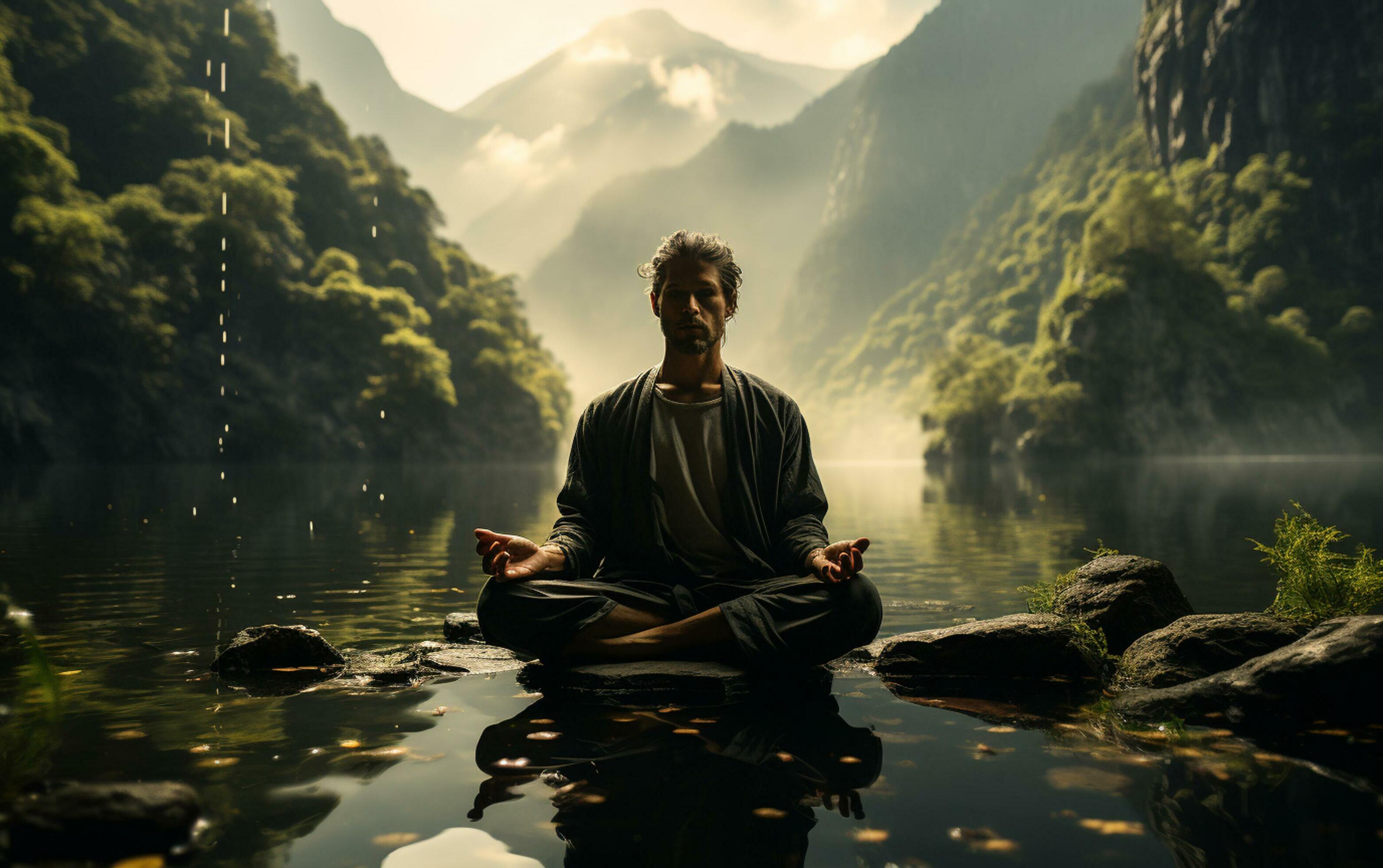 A man practicing mindfulness and meditation in a peaceful natural ... A man practicing mindfulness and meditation in a peaceful natural ...