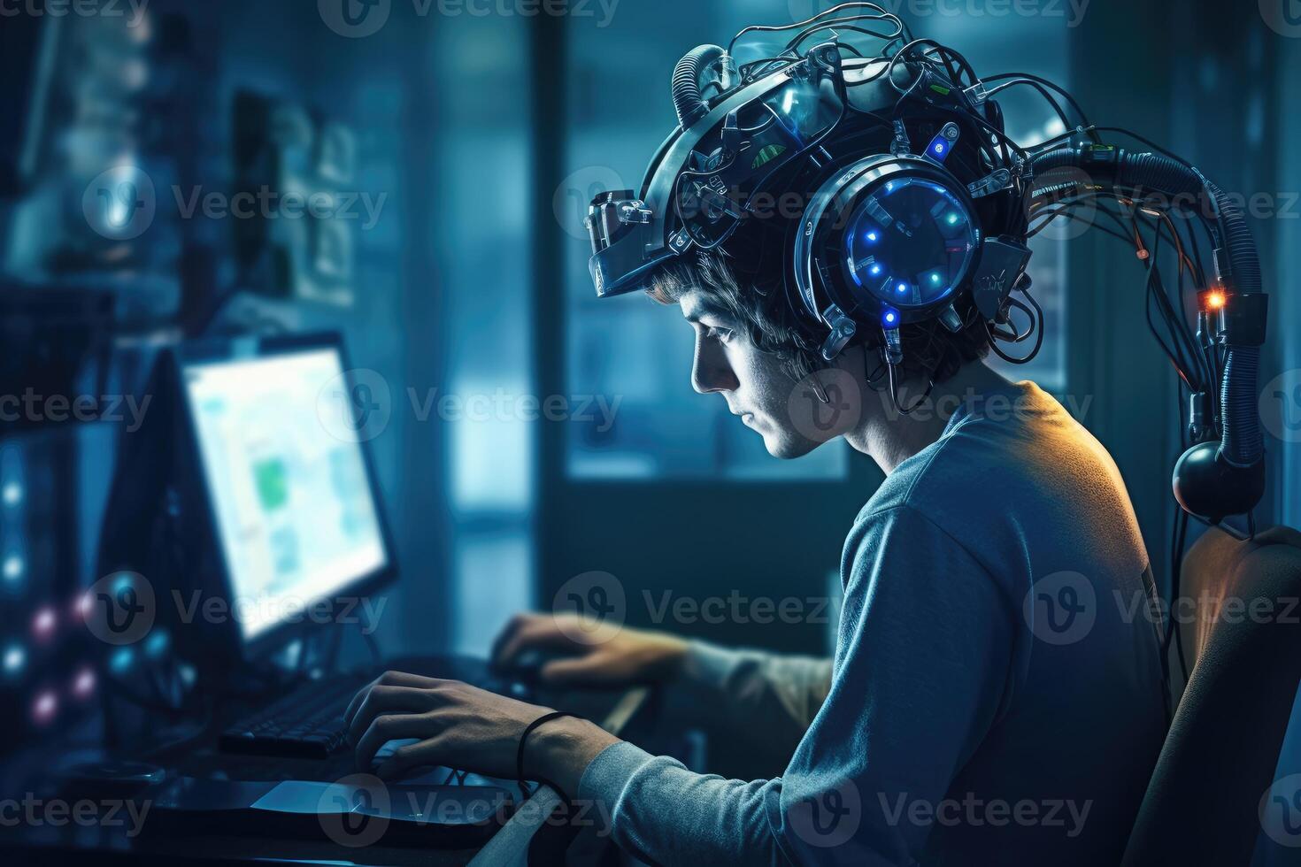 Photo of a person controlling a computer or device with their mind ...