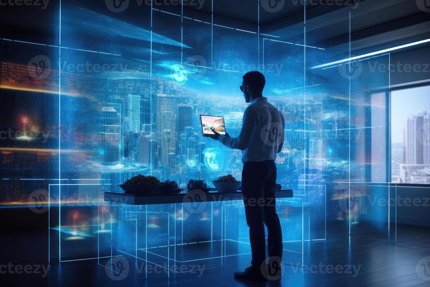 A photo of a person using a holographic display to interact with digital content in a futuristic ...